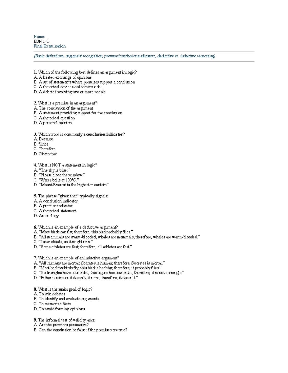 BSN Final Exam: Logic Concepts & Argument Evaluation - Studocu