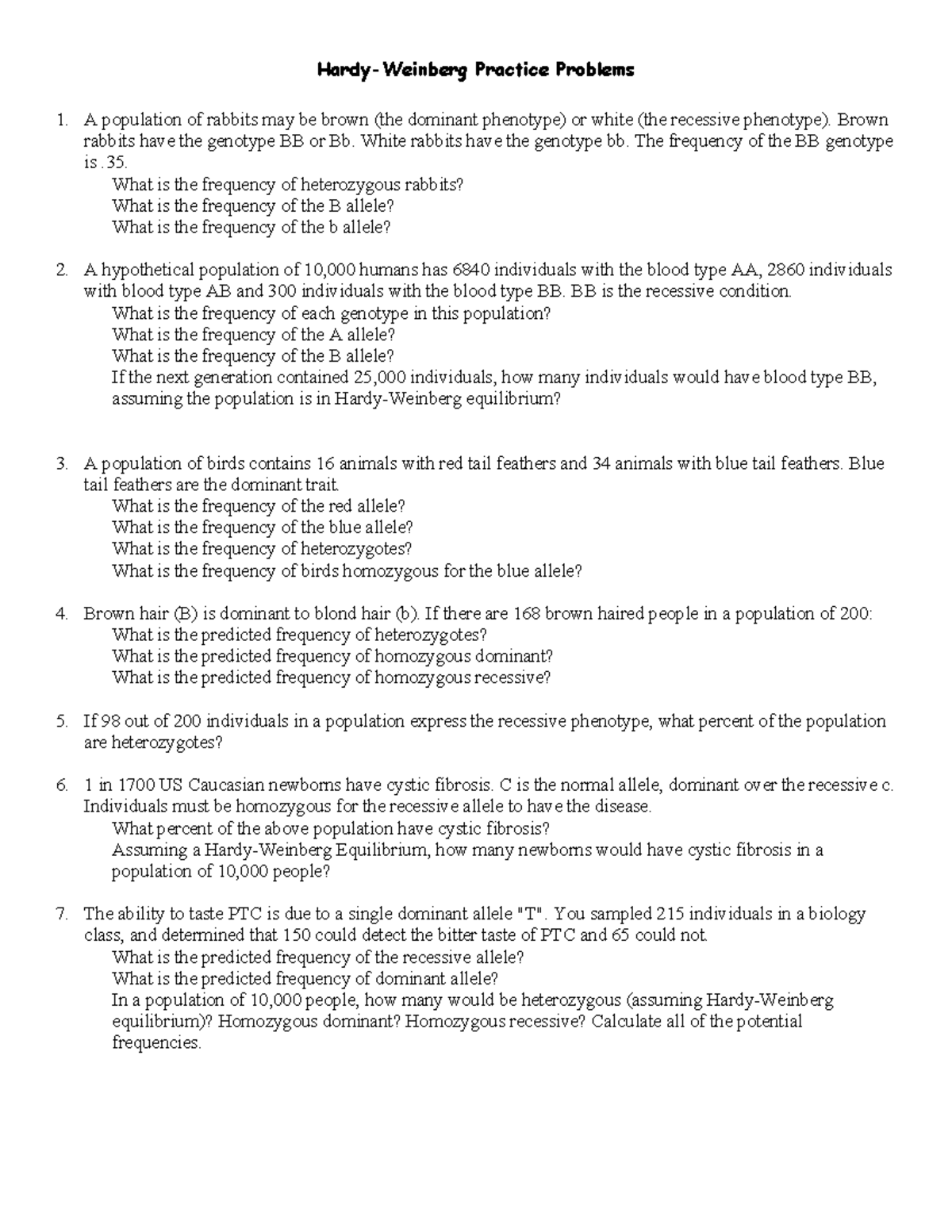 Hardy-Weinberg Practice Problems for Biology 101: Key Exercises - Studocu