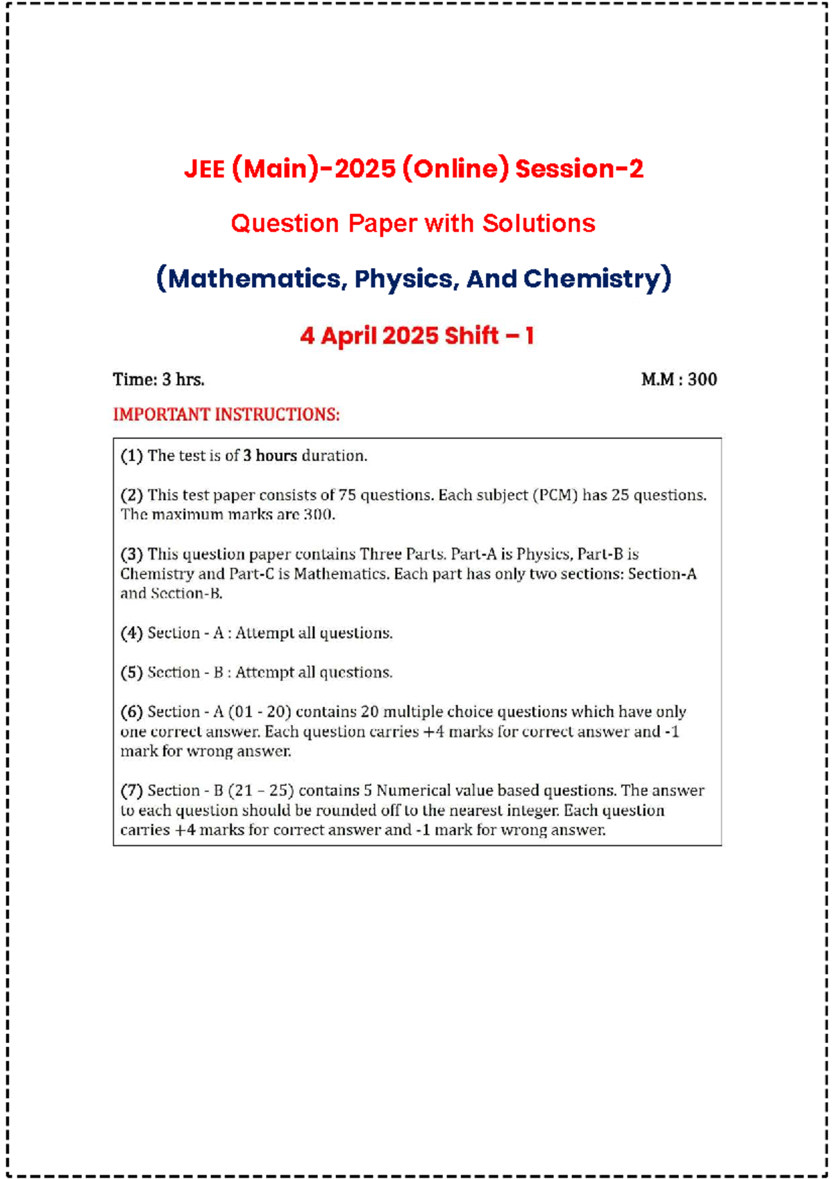 JEE Mains Question Paper 04 April 2025 Morning Shift – PDF with ...