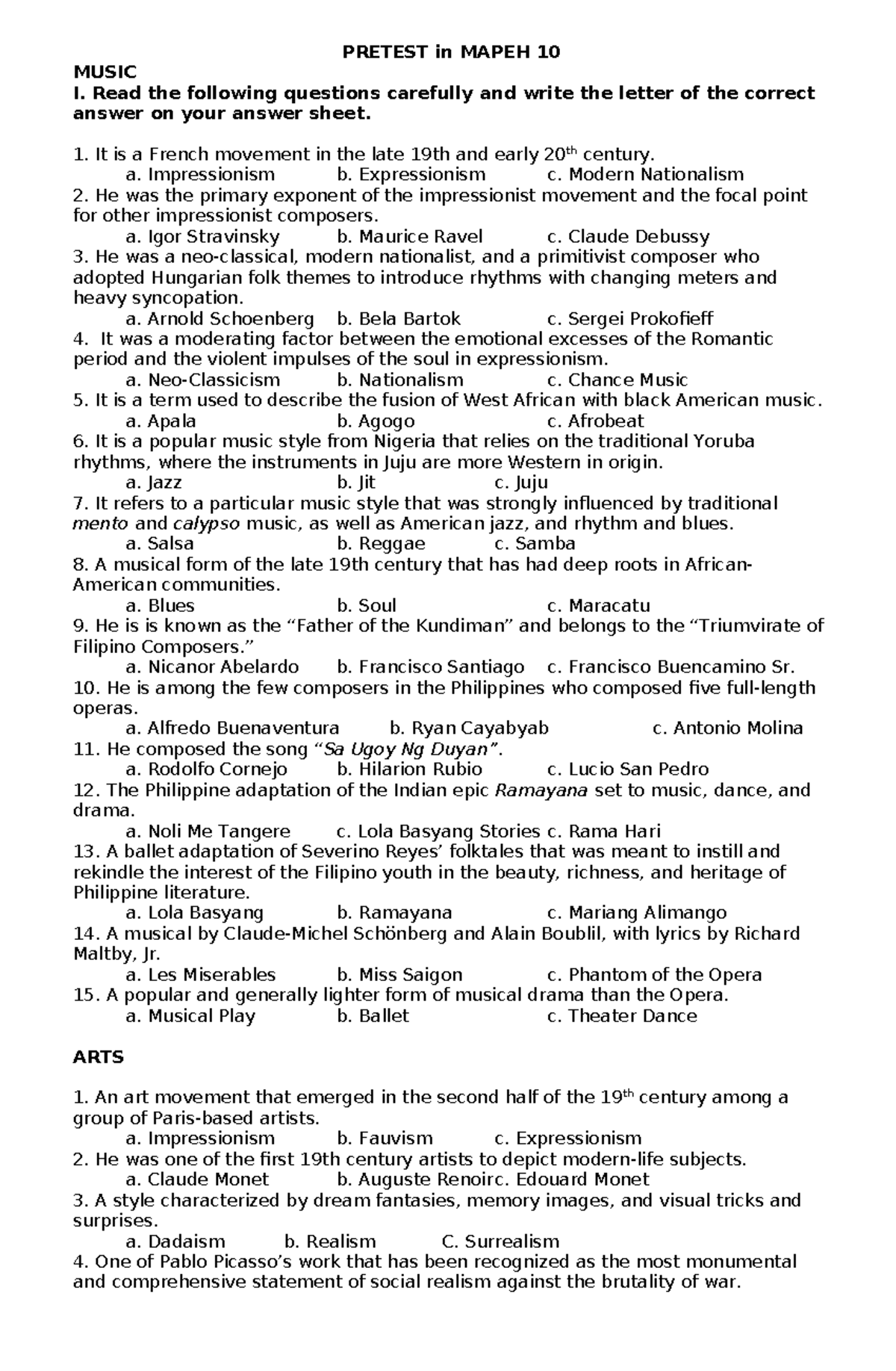 Diagnostic Exam in MAPEH 10: Music, Arts, and PE - Studocu