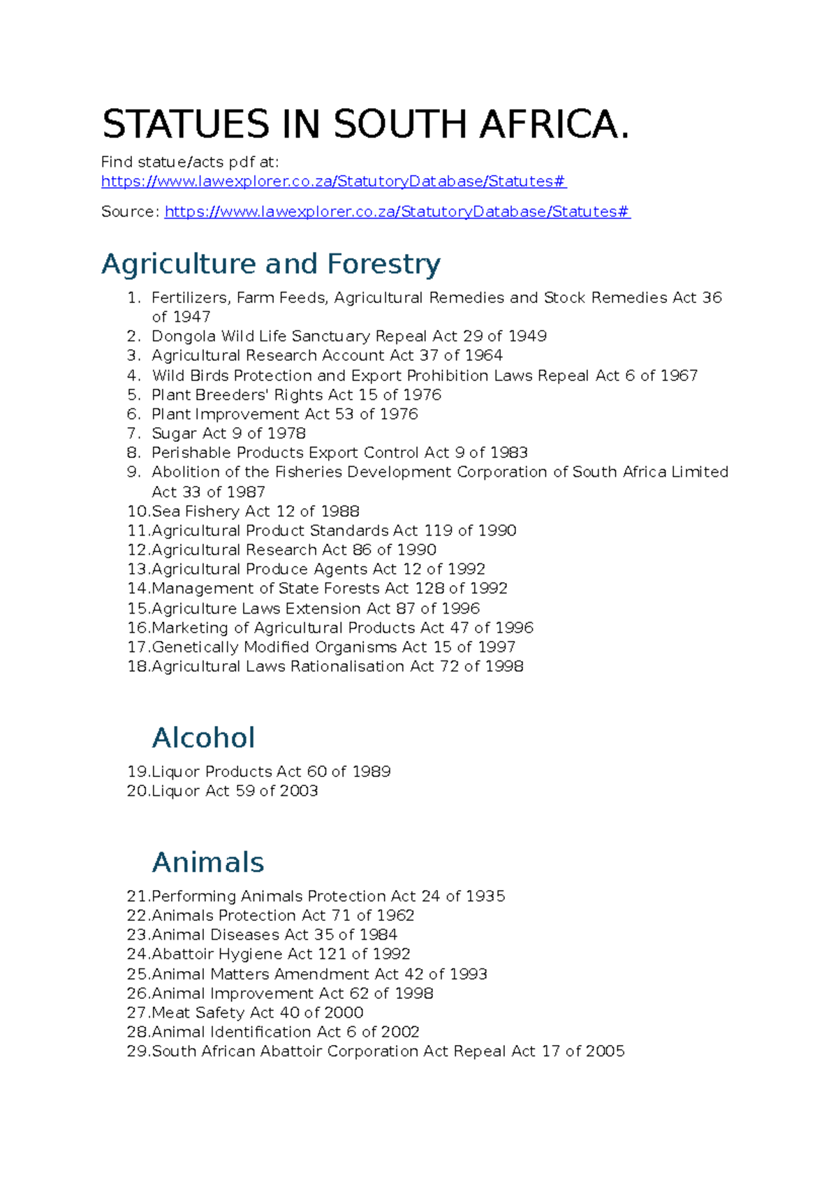 A Categorized Compilation of Statutes (Acts) in South Africa - Studocu