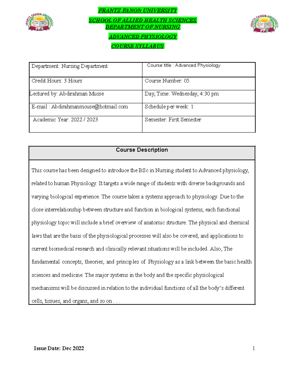 Advanced Physiology Syllabus - Nursing Dept. Course Code: 05 - Studocu