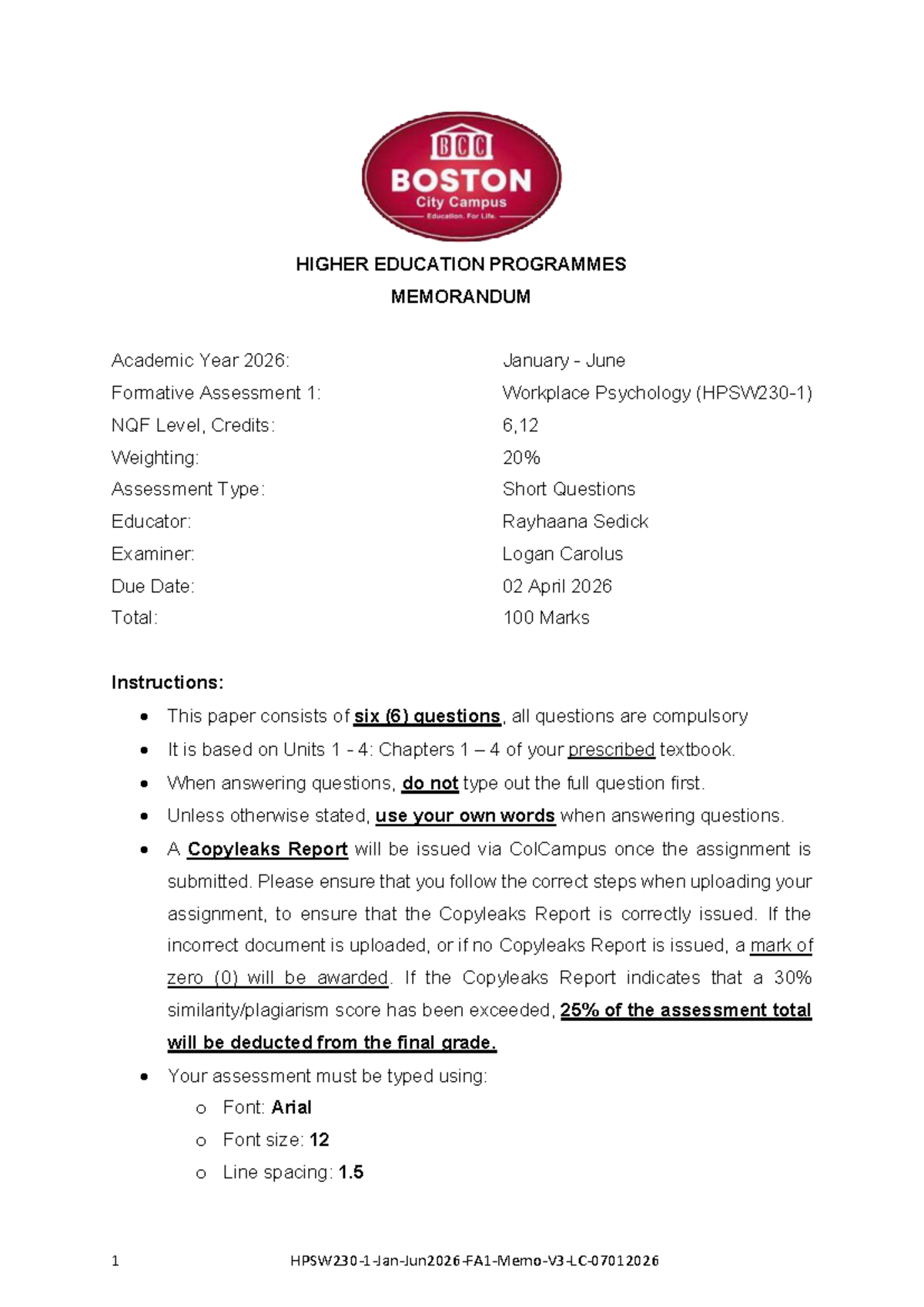 HPSW230 Jan-Jun 2026 Formative Assessment 1 Memo: Workplace Psychology ...