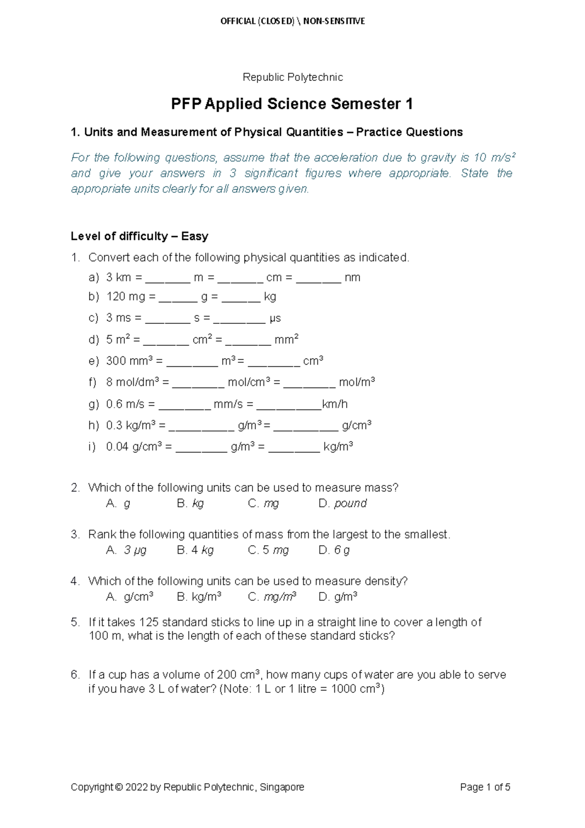 PFP Applied Science Semester 1: Units & Measurements Practice Qs - Studocu