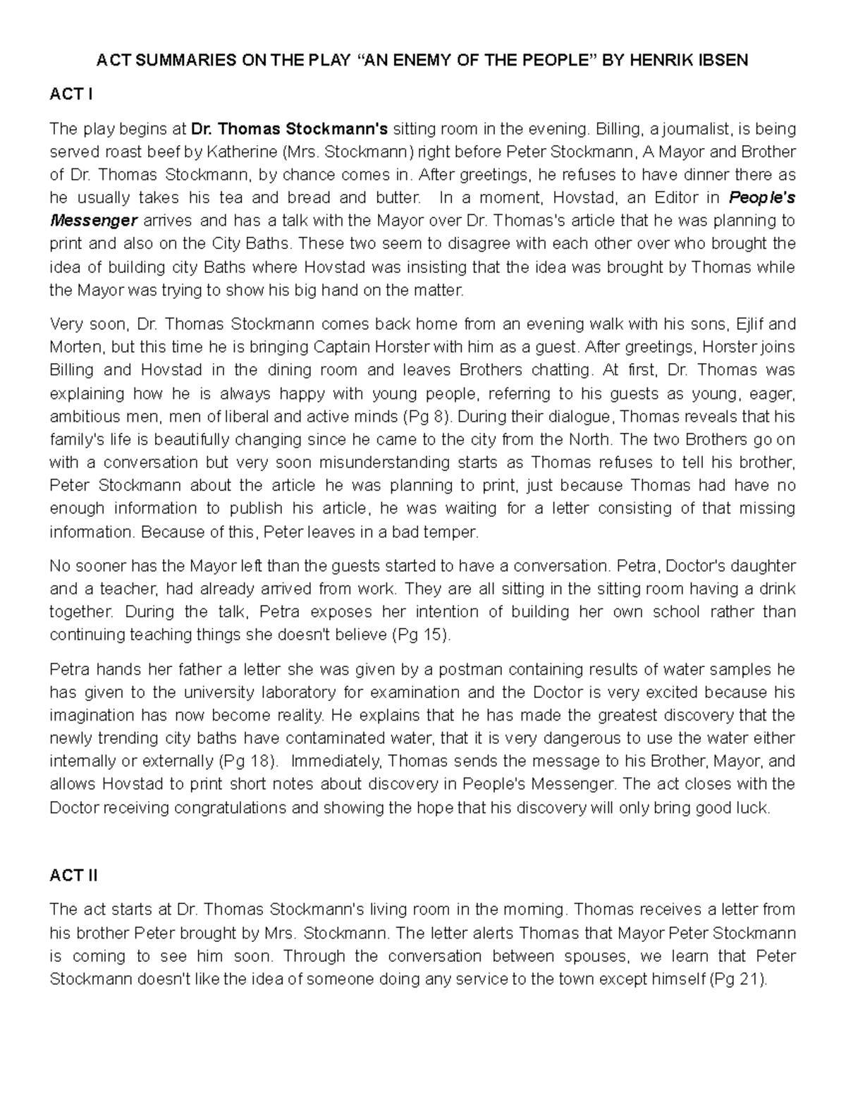 Detailed Act Summaries of "An Enemy of the People" (ENG 201) Draft ...