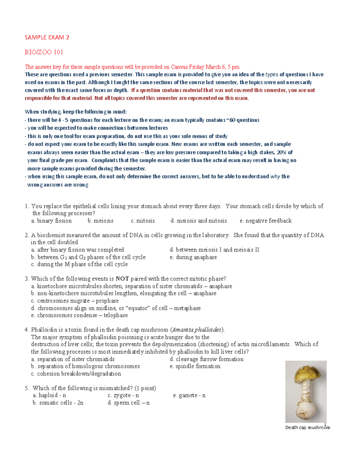 Sample Exam 2 (BIO101) - Answer Key and Study Guide - Studocu