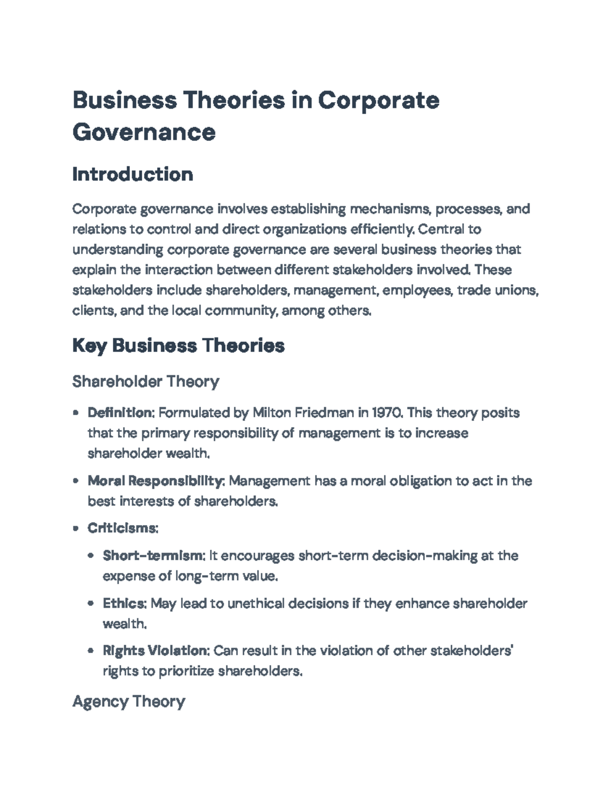 Corporate Governance Theories: Insights and Implications - Business ...