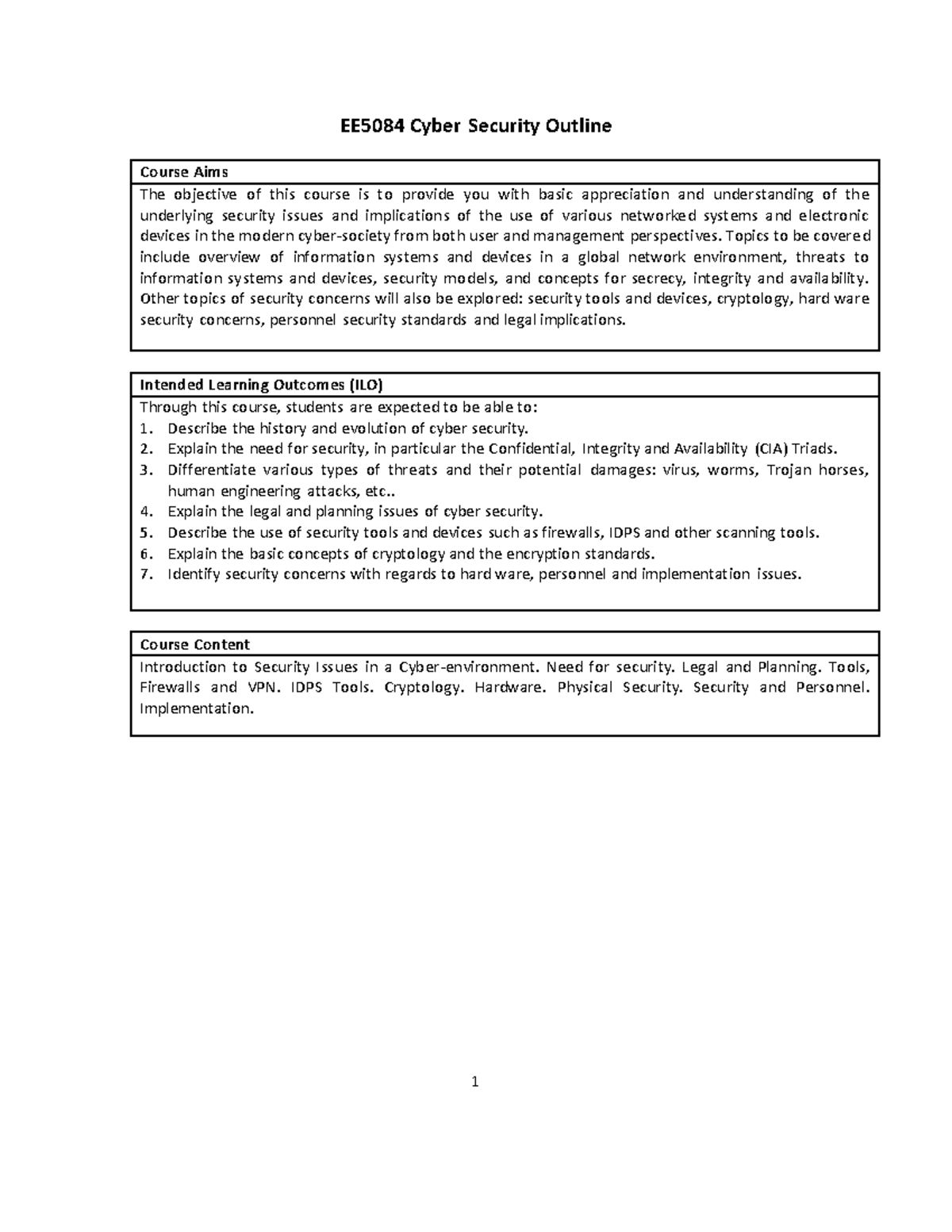 EE5084 Cyber Security Course Outline and Learning Objectives - Studocu
