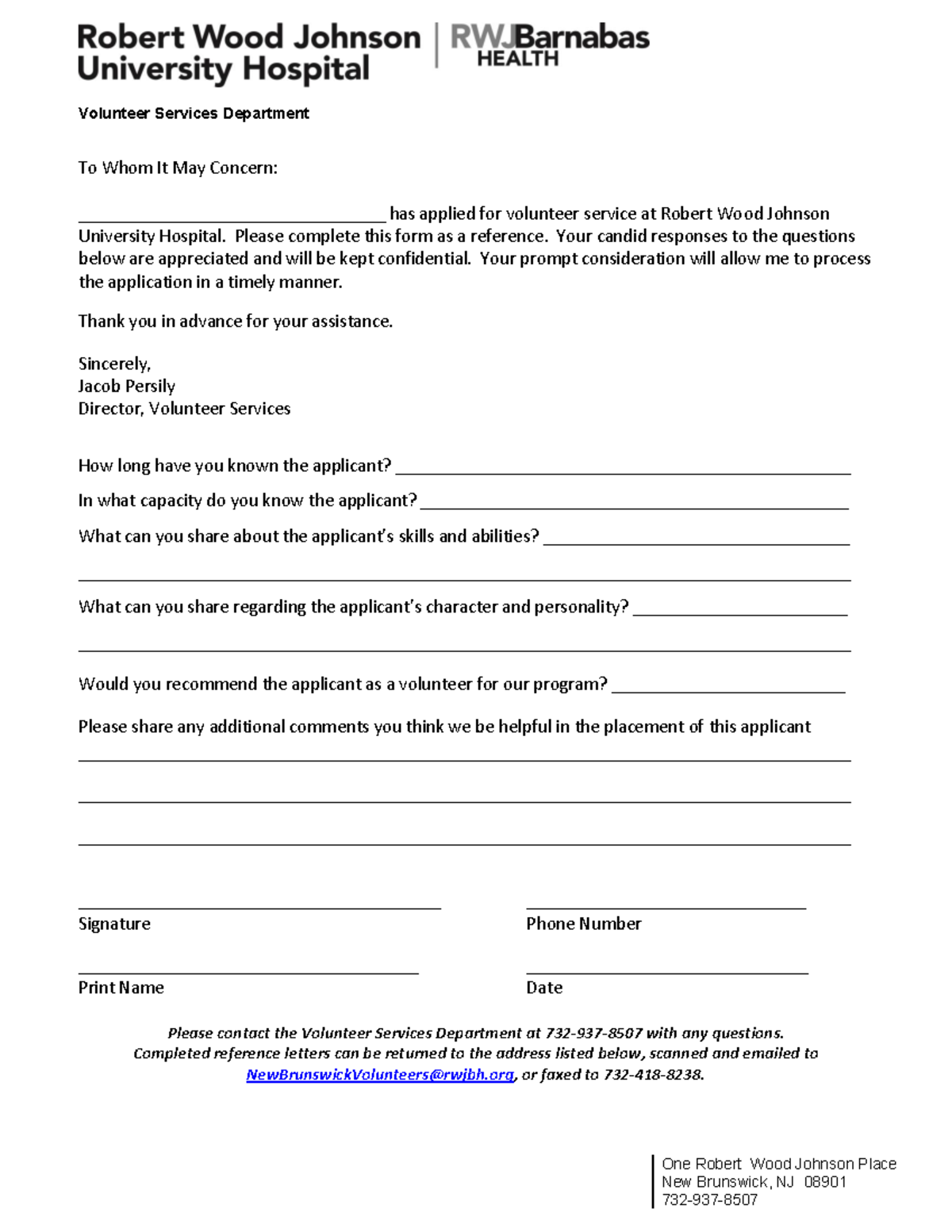 Volunteer Reference Form for Robert Wood Johnson University Hospital - Studocu