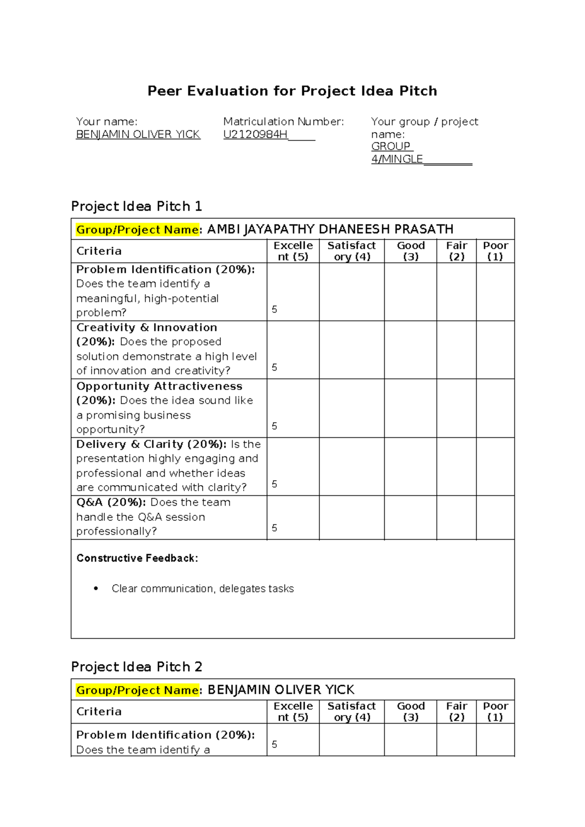 Template - Peer Evaluation for Project Idea Pitch (Group Project) - Studocu