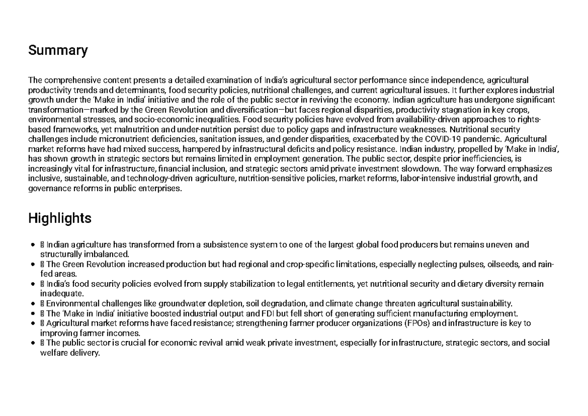 Indian Agriculture and Food Security: A Comprehensive Overview (AGRI ...