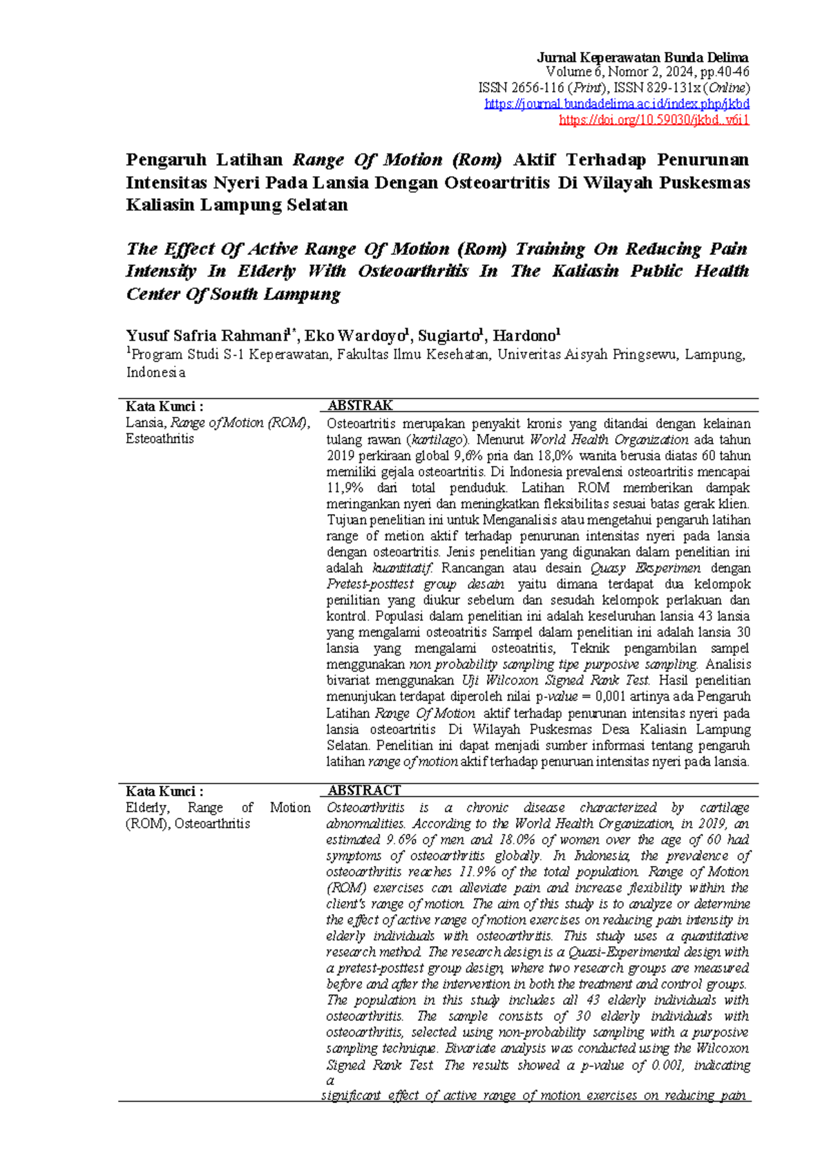 Jurnal Keperawatan Bunda Delima Vol. 6 No. 2 (2024): Pengaruh Latihan ...