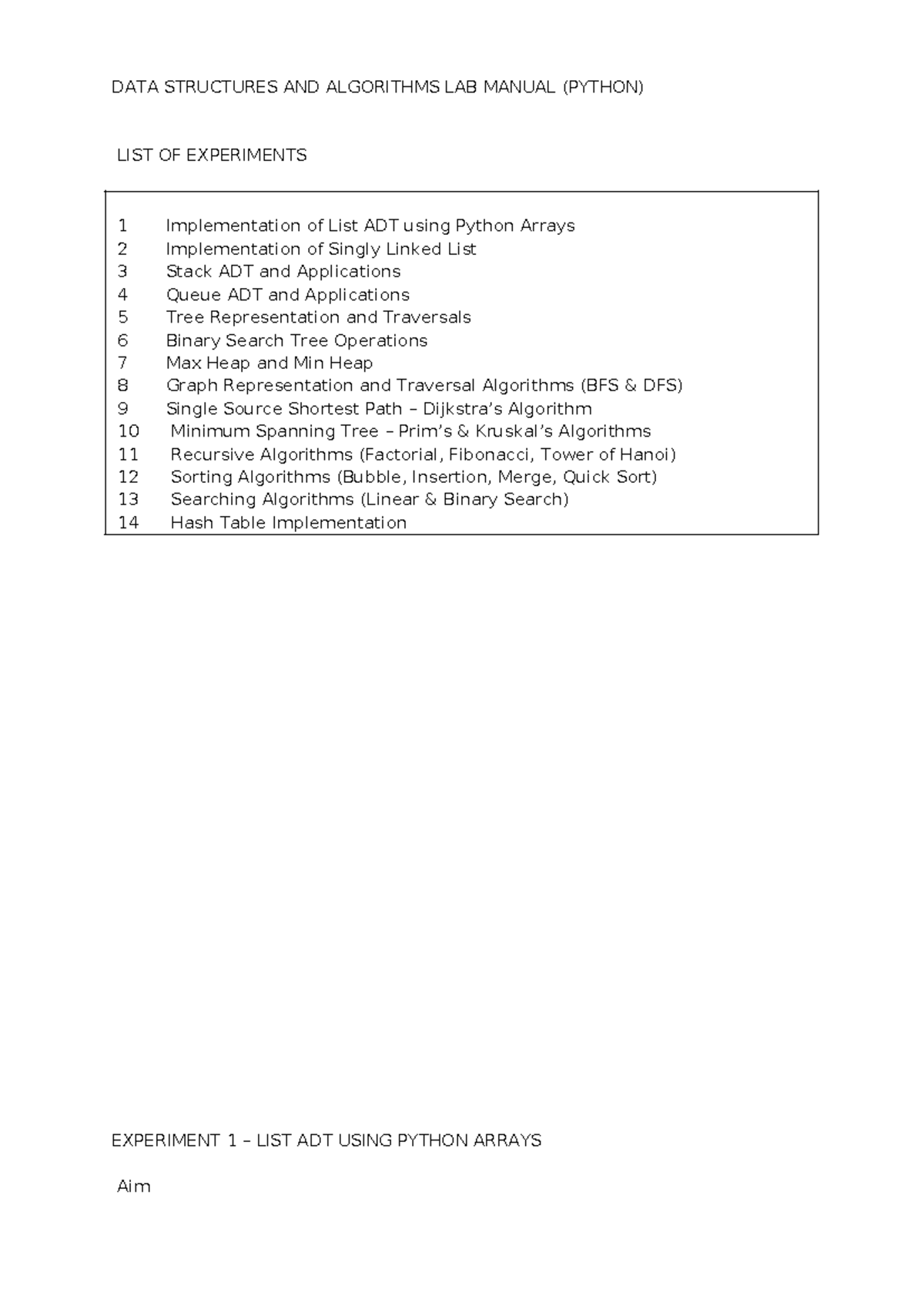 DATA STRUCTURES AND ALGORITHMS LAB MANUAL (PYTHON): EXPERIMENTS 1-14 - Studocu