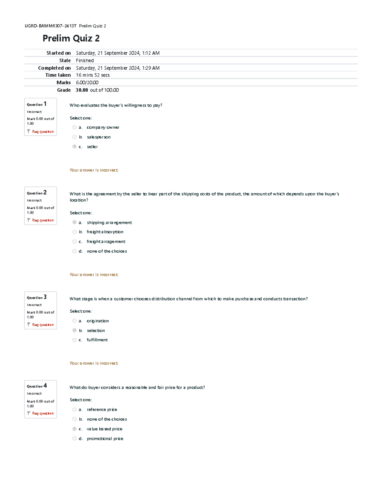 UGRD-BAMM6307-2413T Prelim Quiz 2 Attempt Feedback and Analysis - Studocu