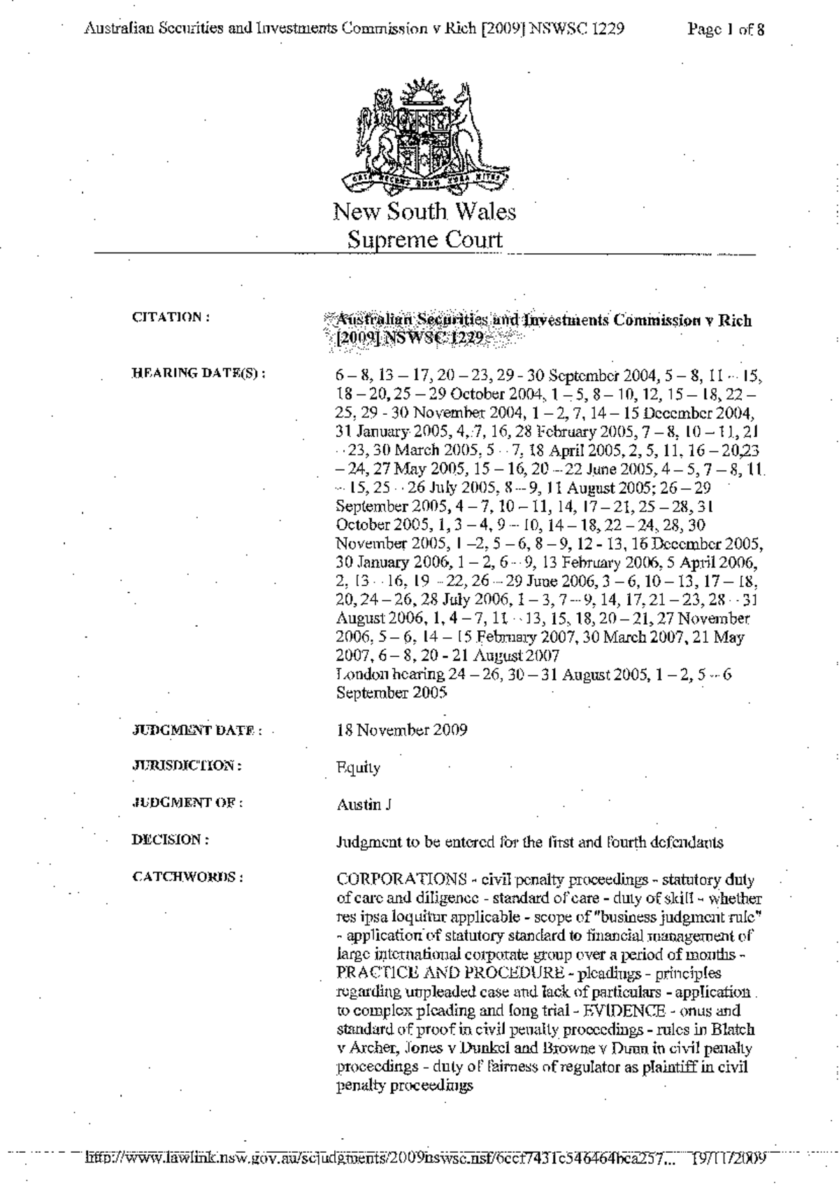 ASIC v Rich [2009] NSWSC 1229 - Summary of Key Case Findings - Studocu