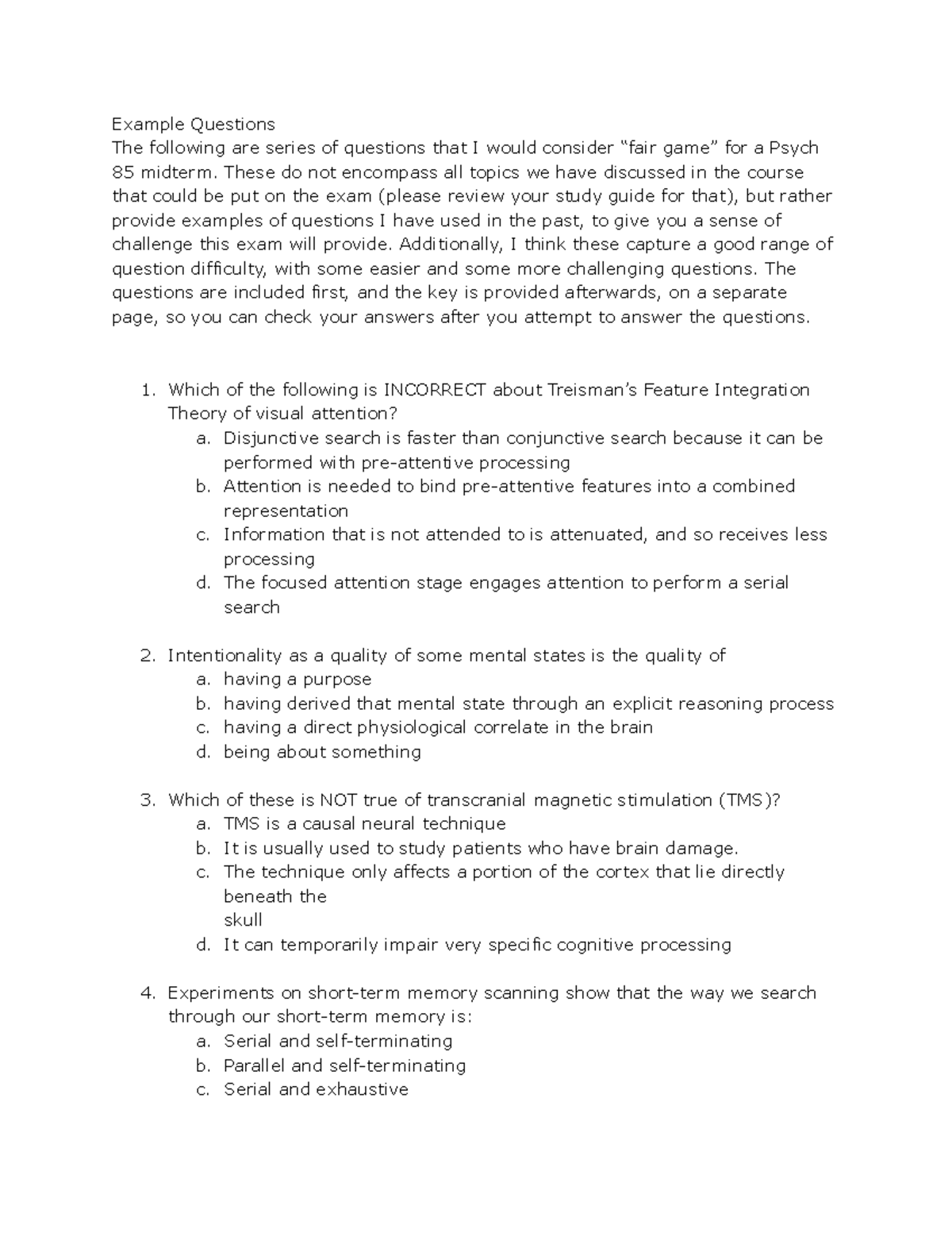Psych 85 Midterm Example Questions and Answer Key - Studocu
