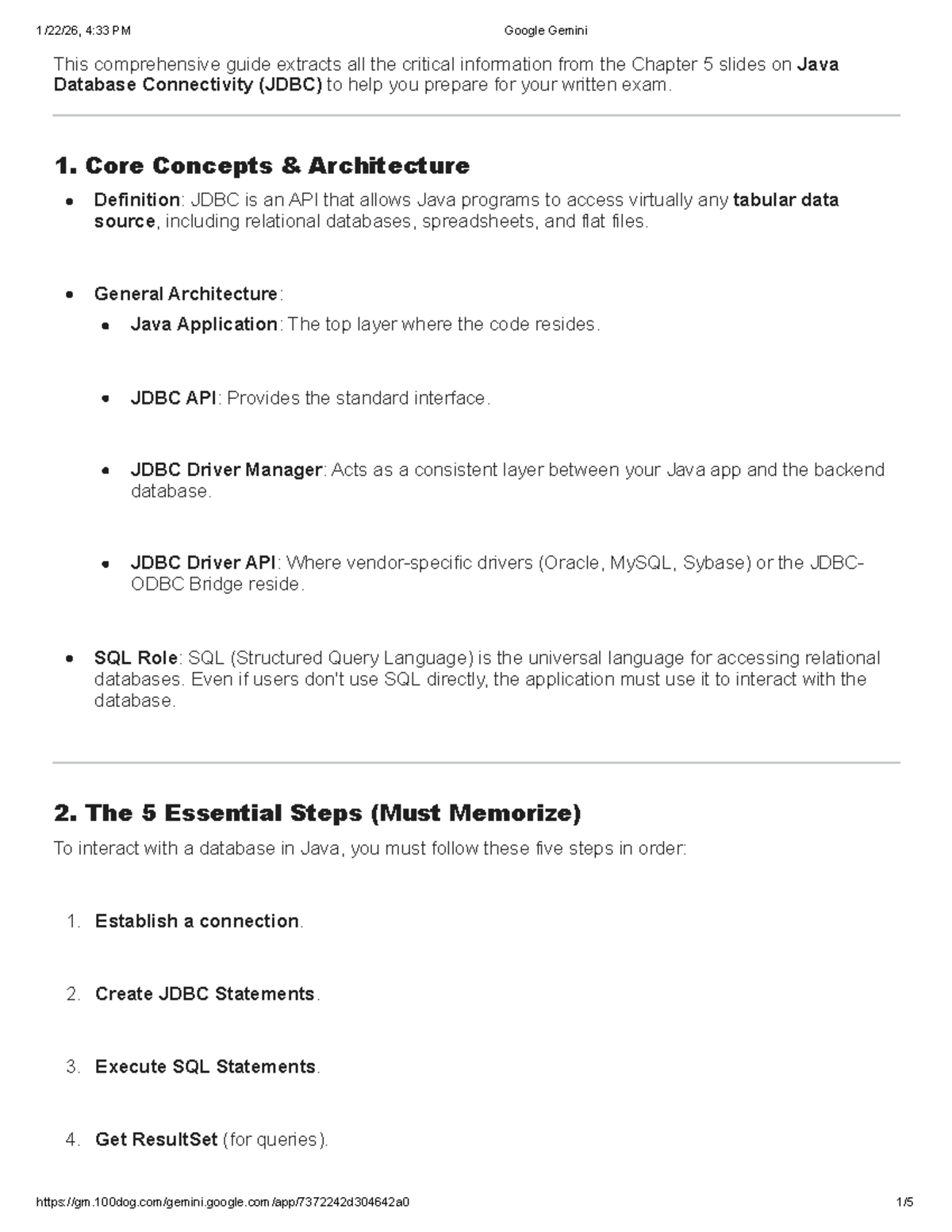 Chapter 5: JDBC Overview and Exam Prep Guide for CS101 - Studocu