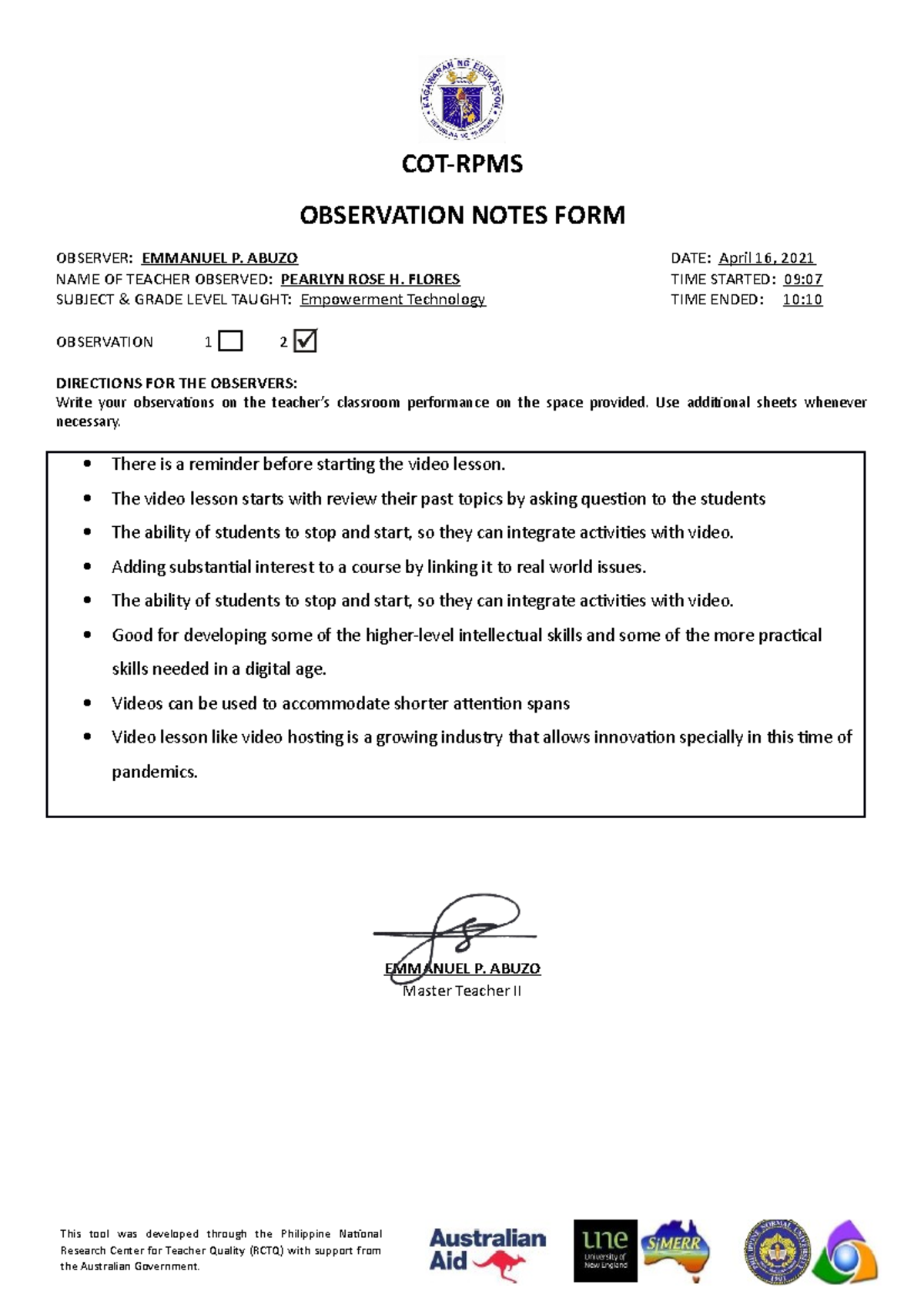 COT-RPMS Observation Notes 2: Empowerment Tech Class Review - Studocu