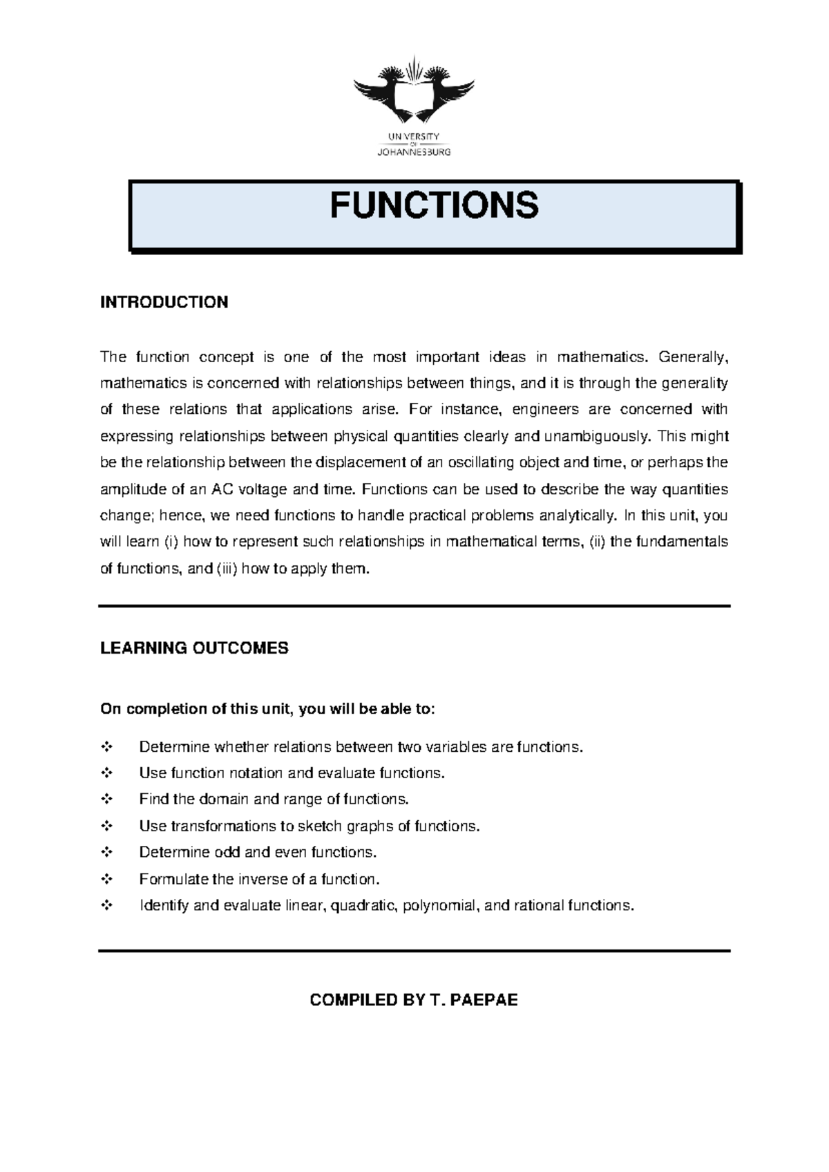 Mathematics Functions Overview - Key Concepts and Applications - Studocu