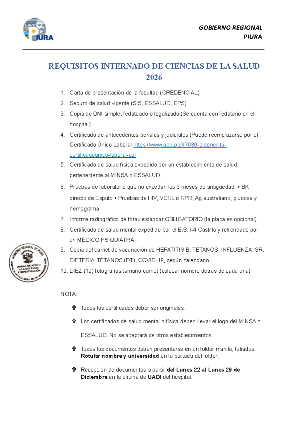 Requisitos para Internado en Ciencias de la Salud 2026 - Studocu
