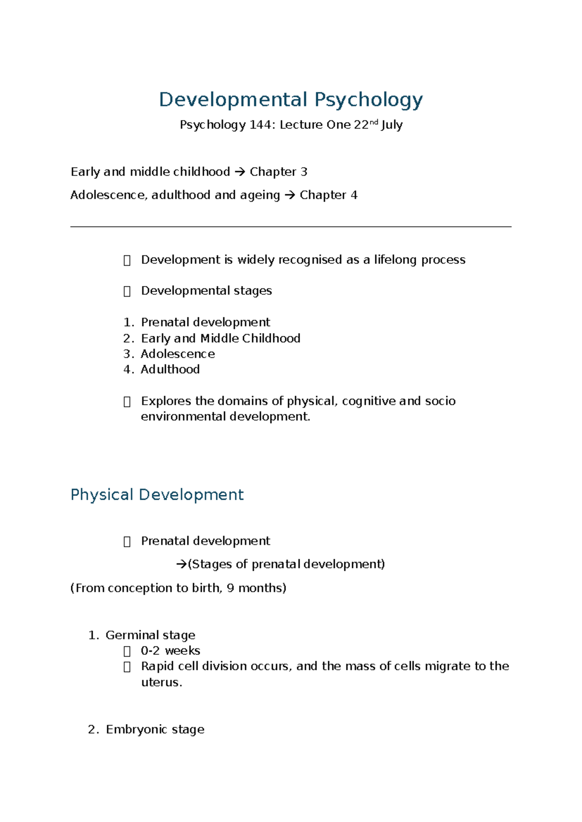 Psychology 144: Developmental Psychology Lecture Notes & Key Concepts ...