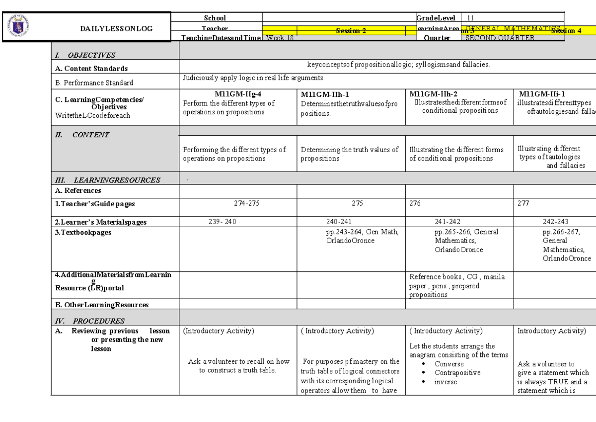 Daily Lesson Log: General Math (Grade 11) - Week 18 - Studocu