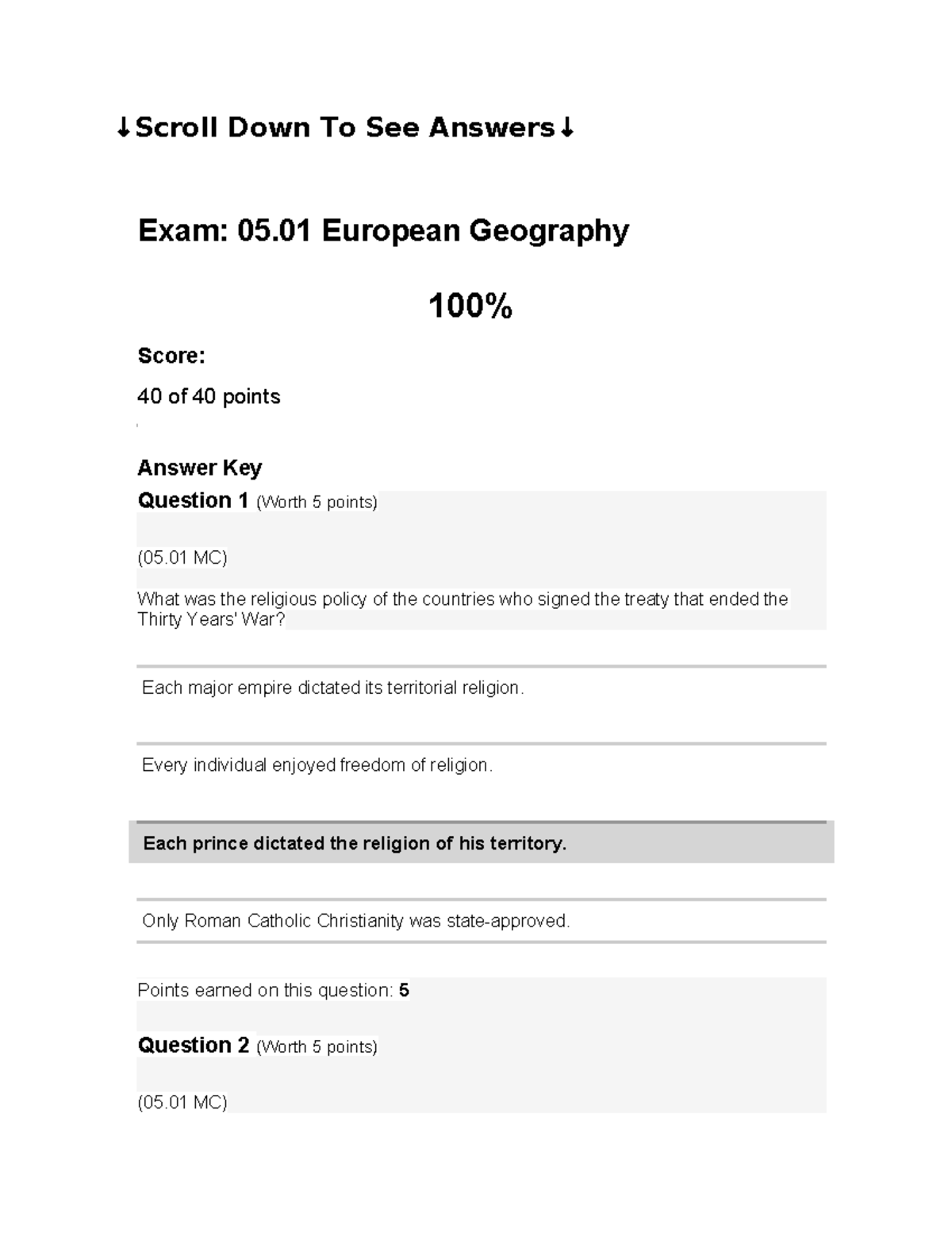 05.01 European Geography Exam Answer Key - World History - Studocu