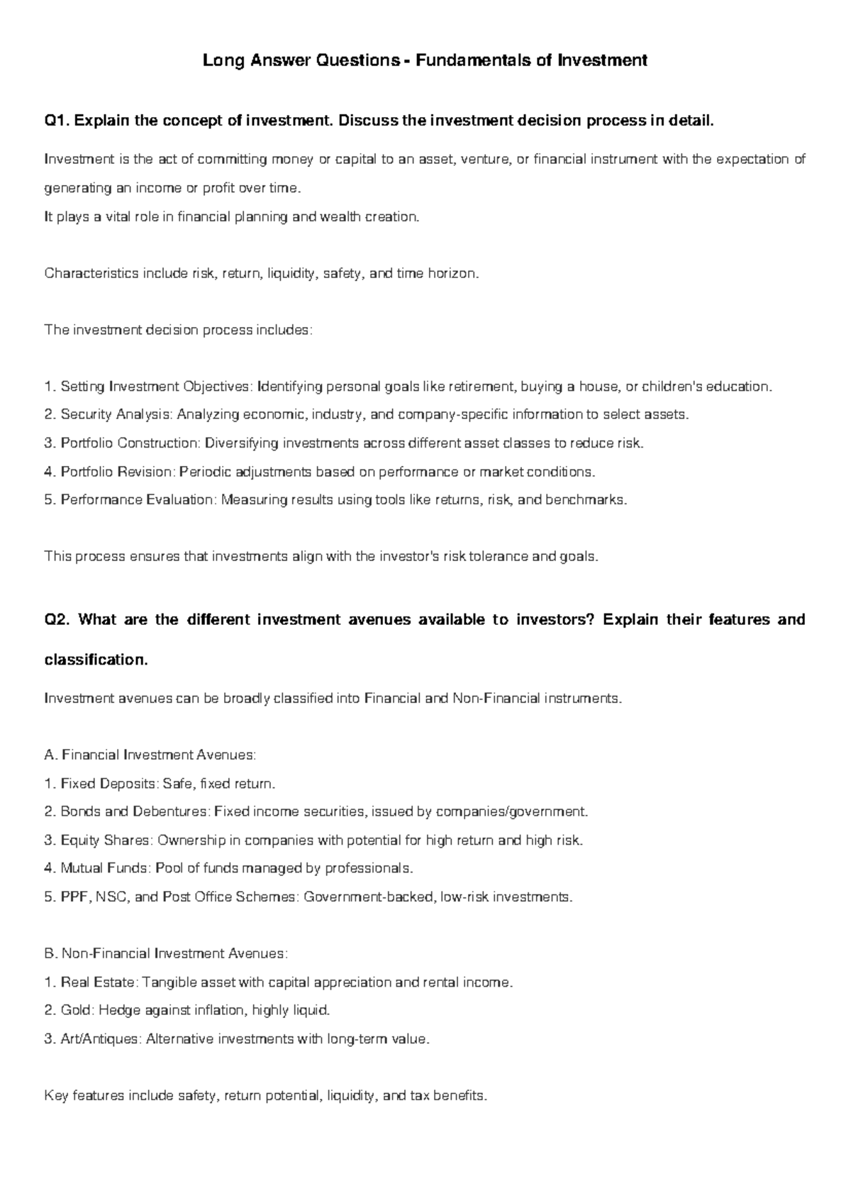 Fundamentals of Investment Long Answer Questions (FIN 101) - Studocu
