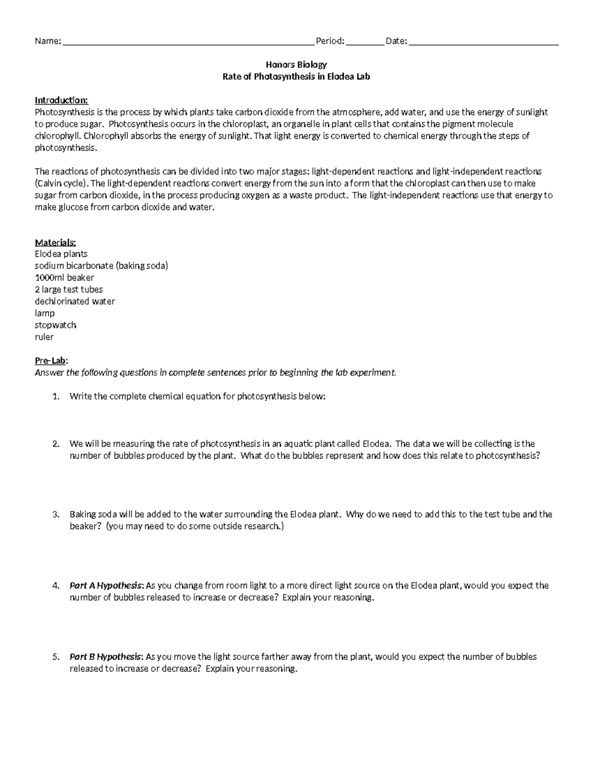 HBio Elodea Photosynthesis Lab Report: Analyzing Light Intensity ...