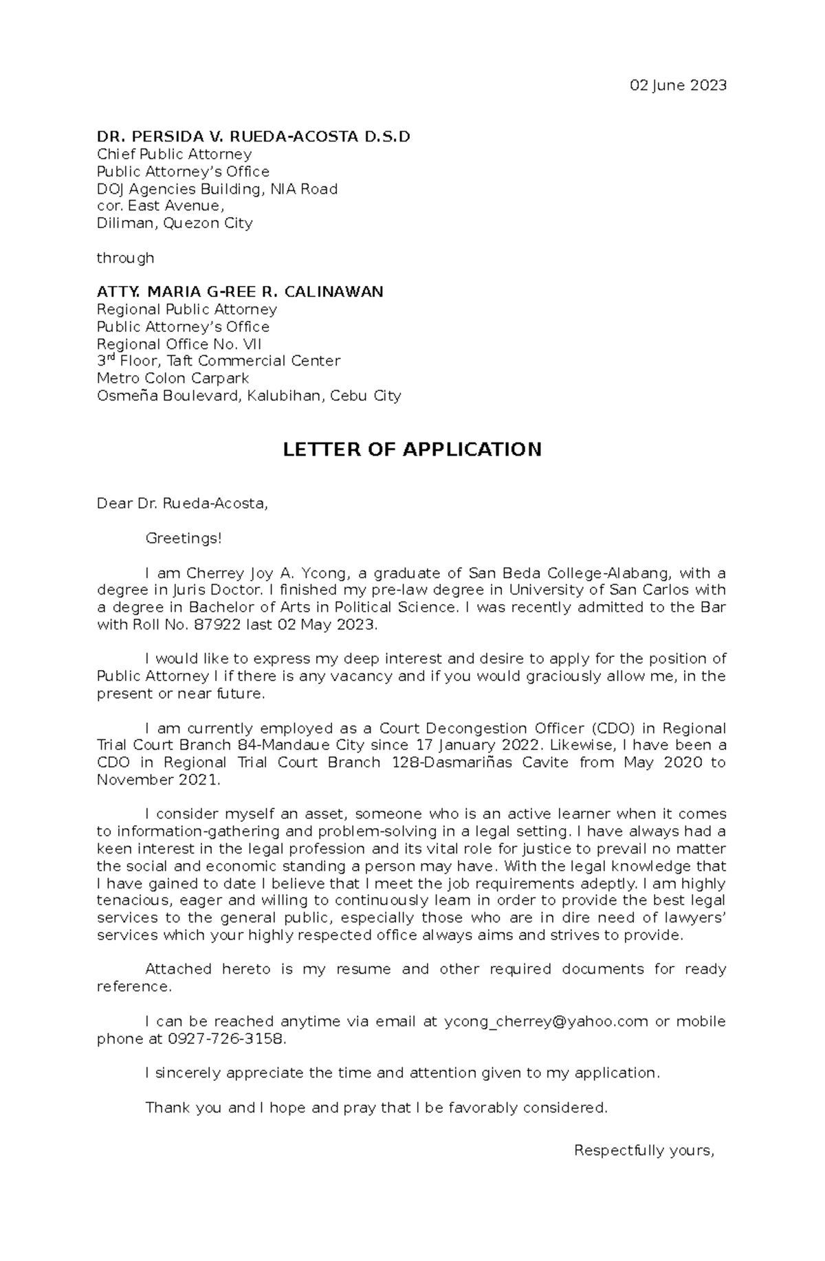 PAO Application Letter for Public Attorney I Position - Studocu