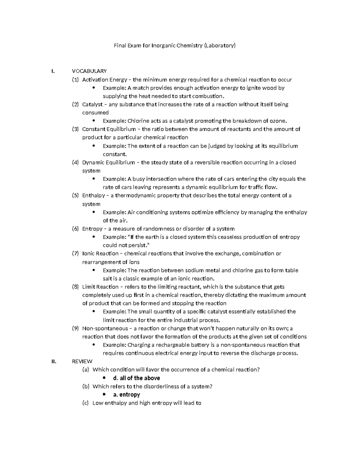 Final Exam: Inorganic Chemistry Lab Vocabulary Review - Studocu