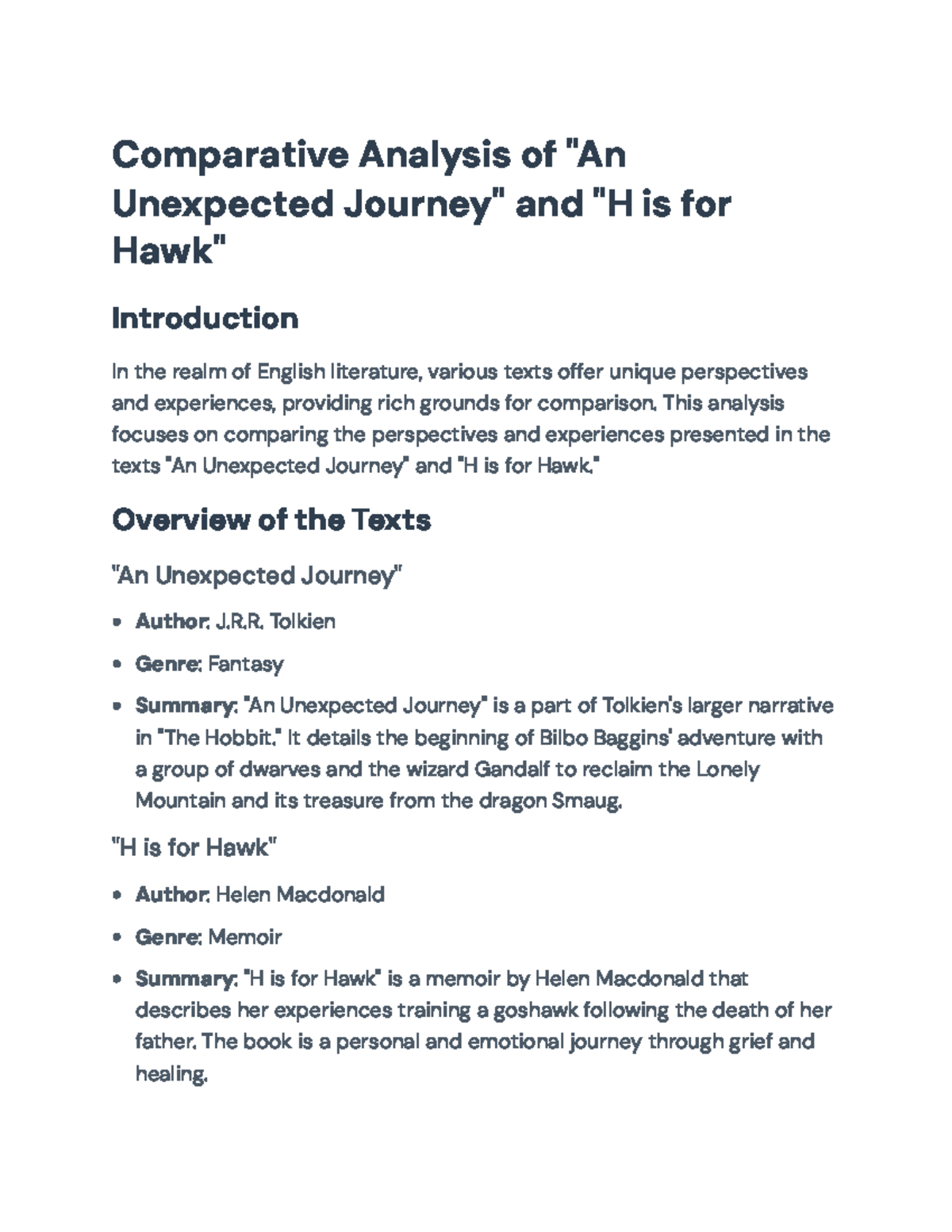Comparative Analysis of "An Unexpected Journey" & "H is for Hawk" - Studocu