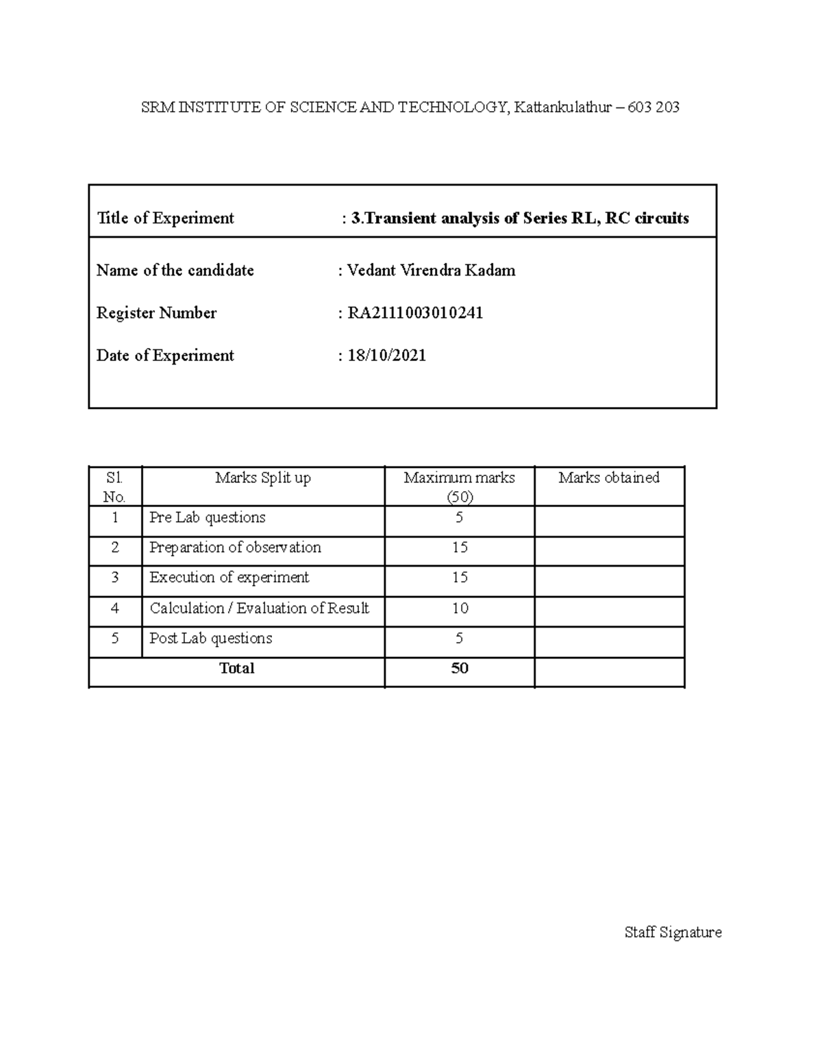 Transient Analysis of Series RL and RC Circuits - Experiment 3 - Studocu