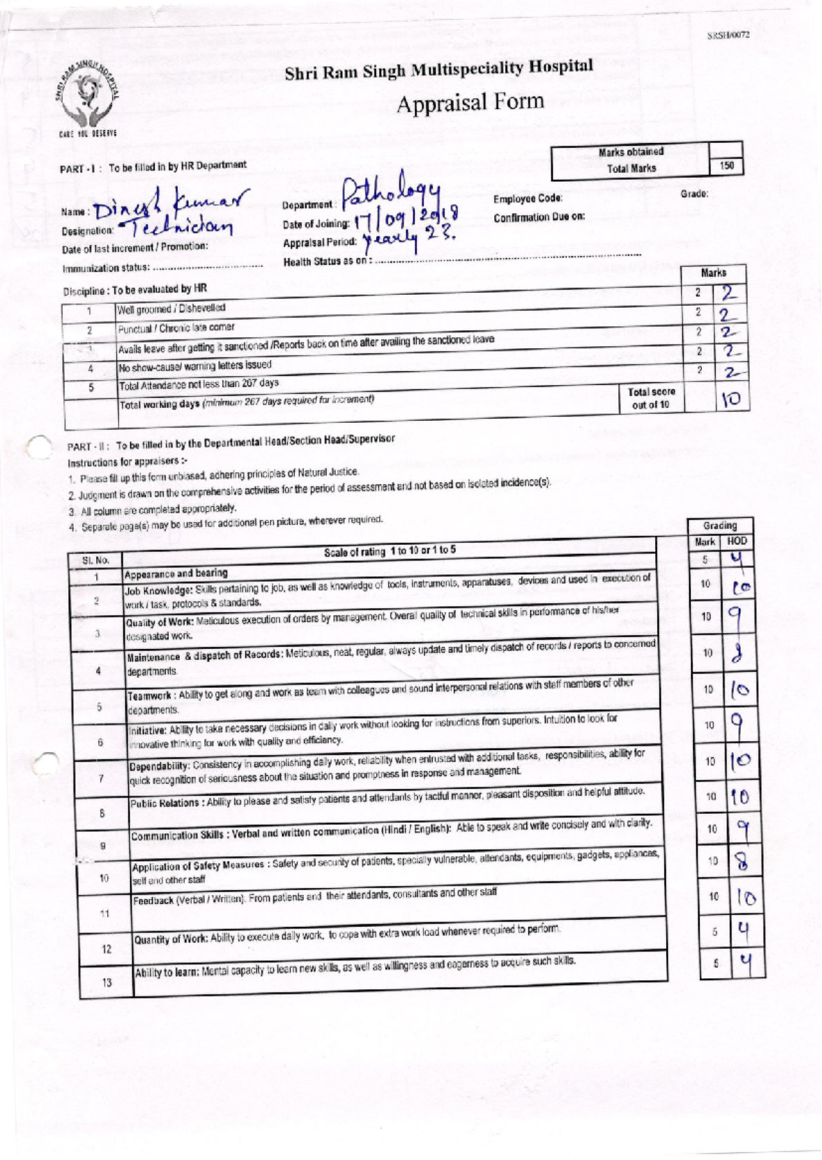 Shri Ram Singh Hospital Appraisal Form for Dinesh Kumar - Technician ...
