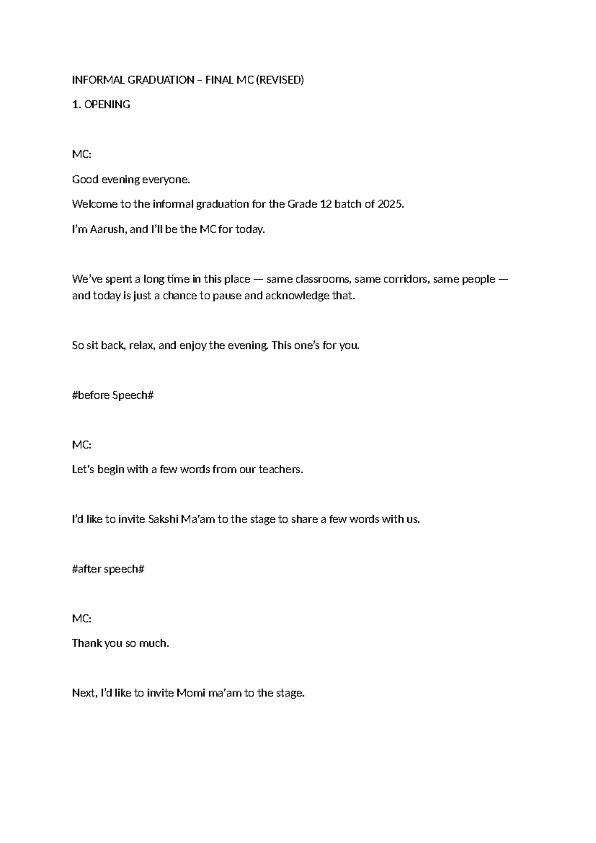 Informal Graduation Final MC Script for Grade 12 Batch 2025 - Studocu