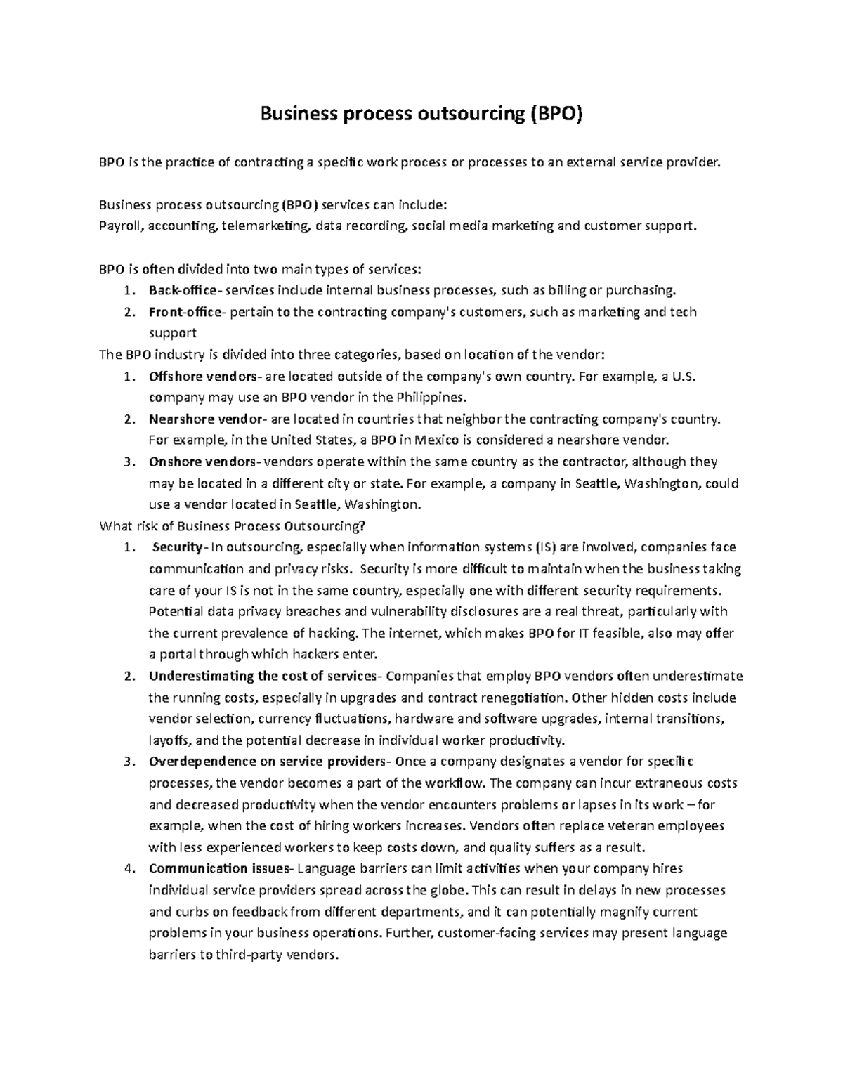 BPO Overview: Risks and Categories of Business Process Outsourcing ...