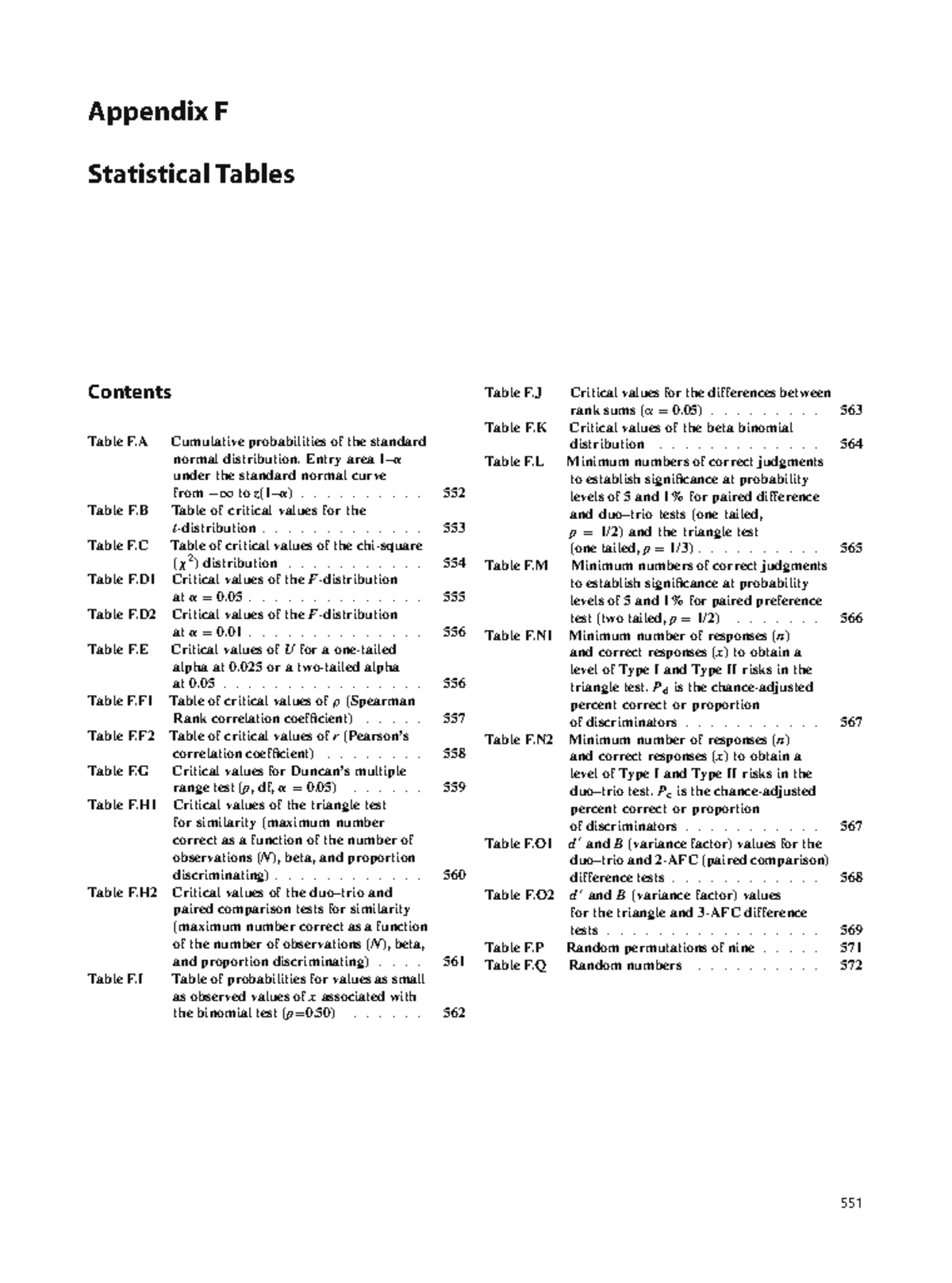 Statistical Tables for Sensory Tests - Appendix F - Studocu
