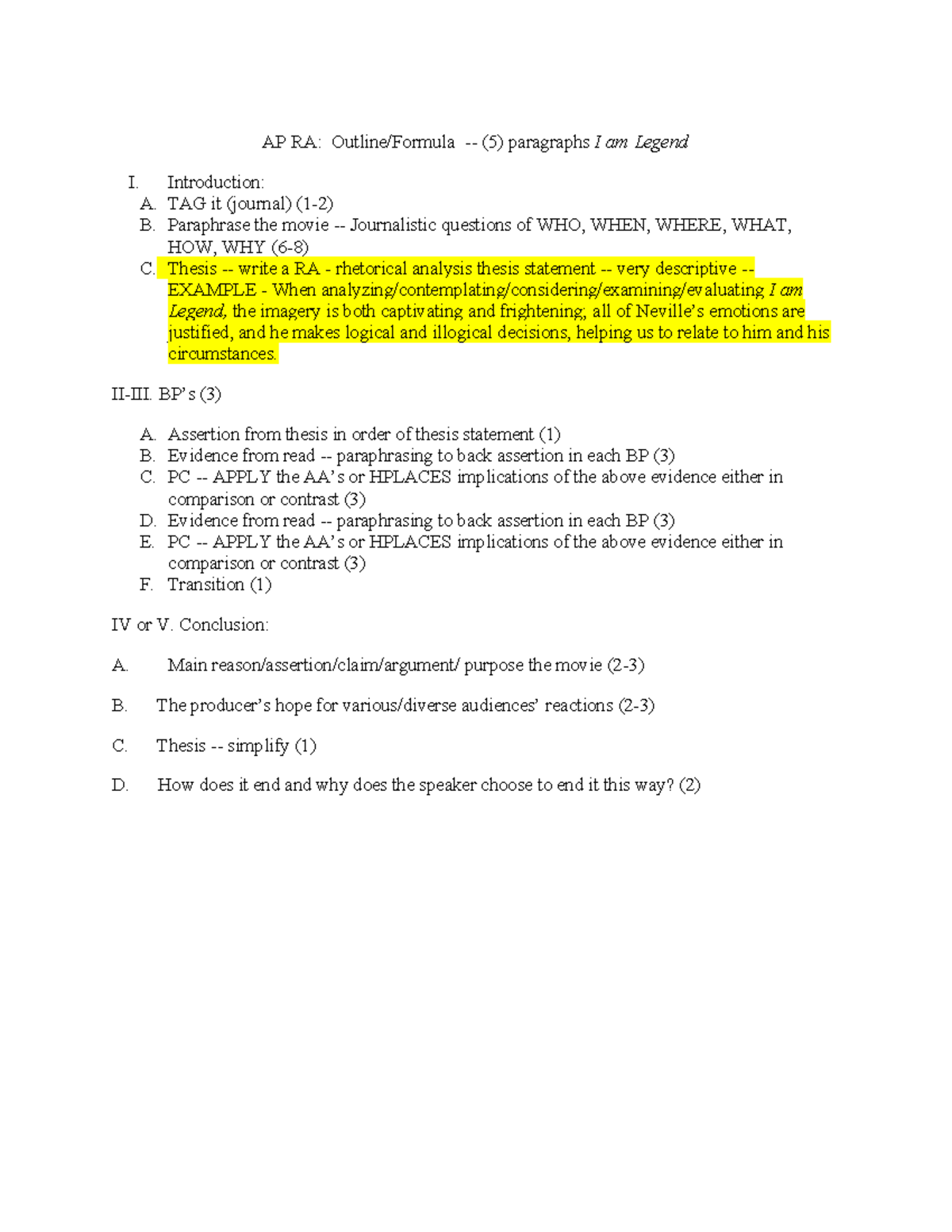 AP RA Outline: I Am Legend (5) Collegiate Paragraphs - Studocu