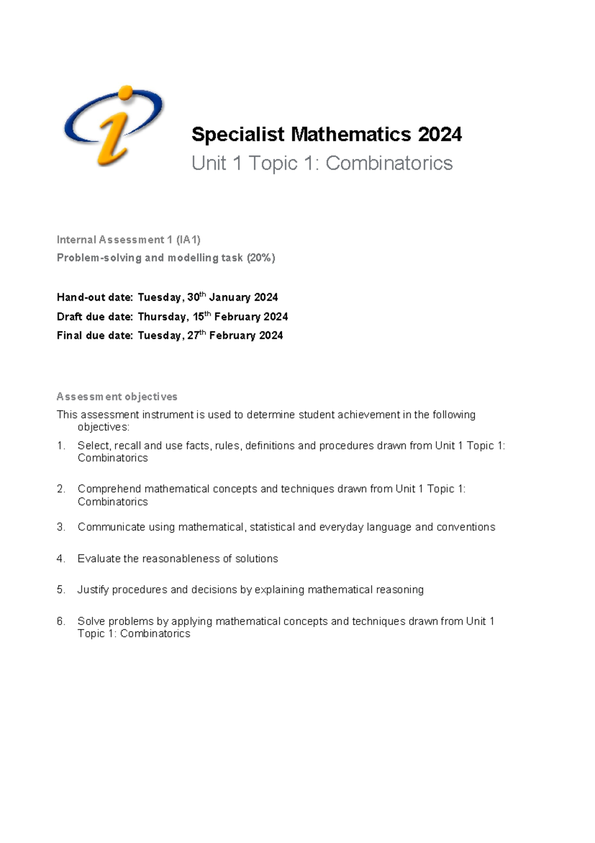 2024 Yr 11 Specialist Maths IA1 PSMT: Combinatorics Problem Solving Task - Studocu