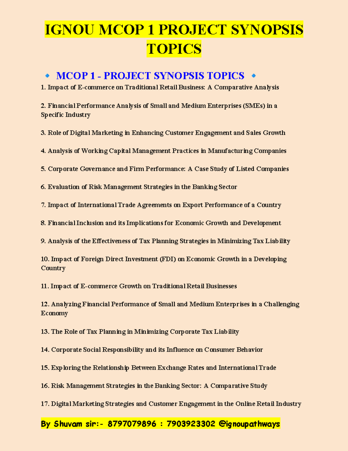 MCOP1 Project Topics Synopsis for M.COM Students at IGNOU - Studocu