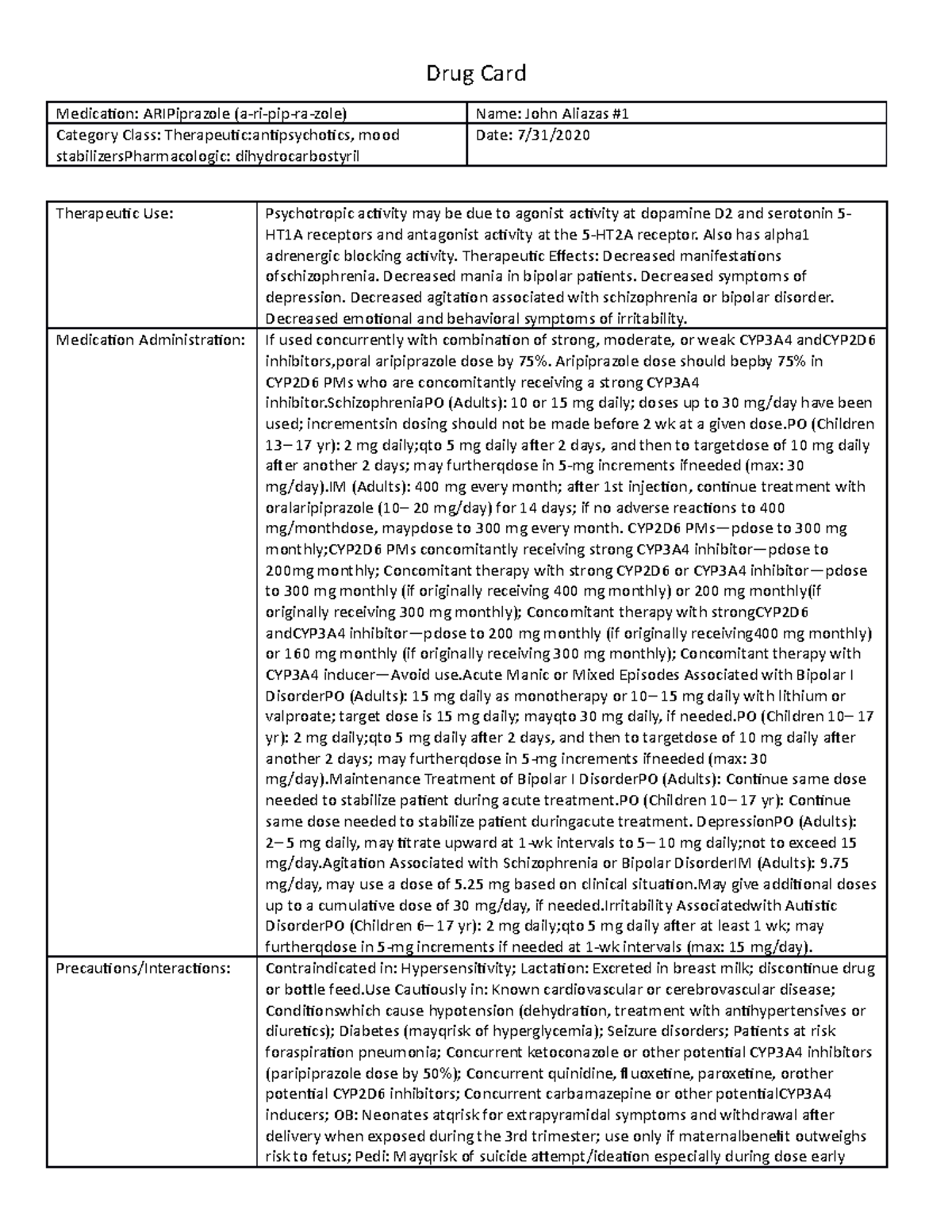 Drug Card for Aripiprazole (Therapeutics - Psychotropic Agents) - Studocu