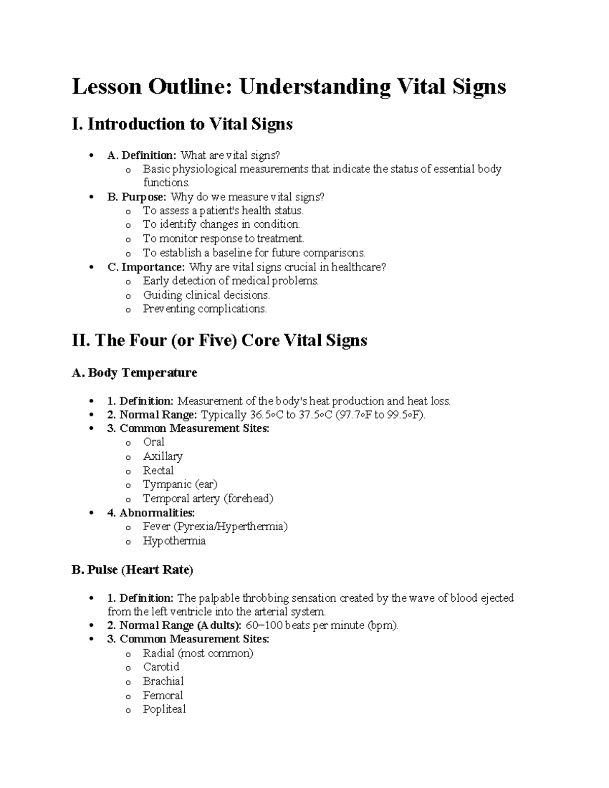 Lesson Outline: Understanding Vital Signs (Course Code: N/A) - Studocu
