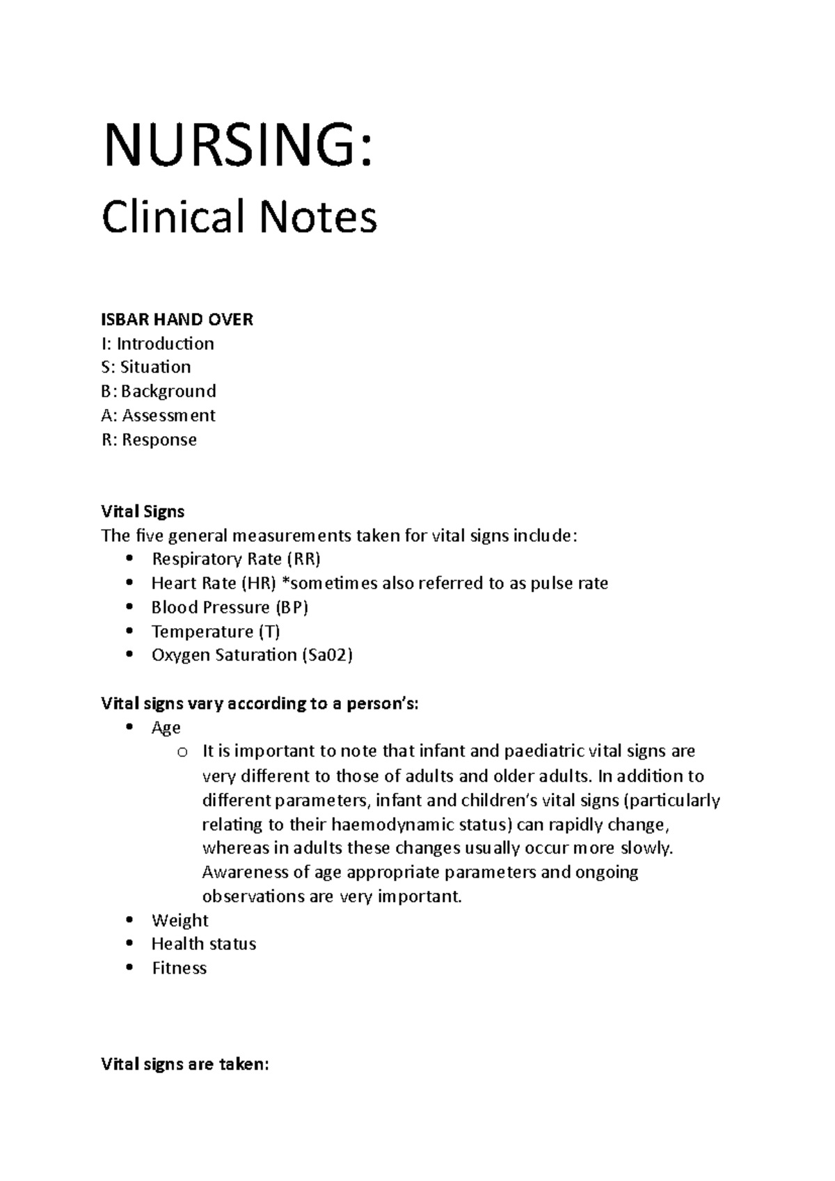 Nursing Vital Signs - NURSING: Clinical Notes ISBAR HAND OVER I ...