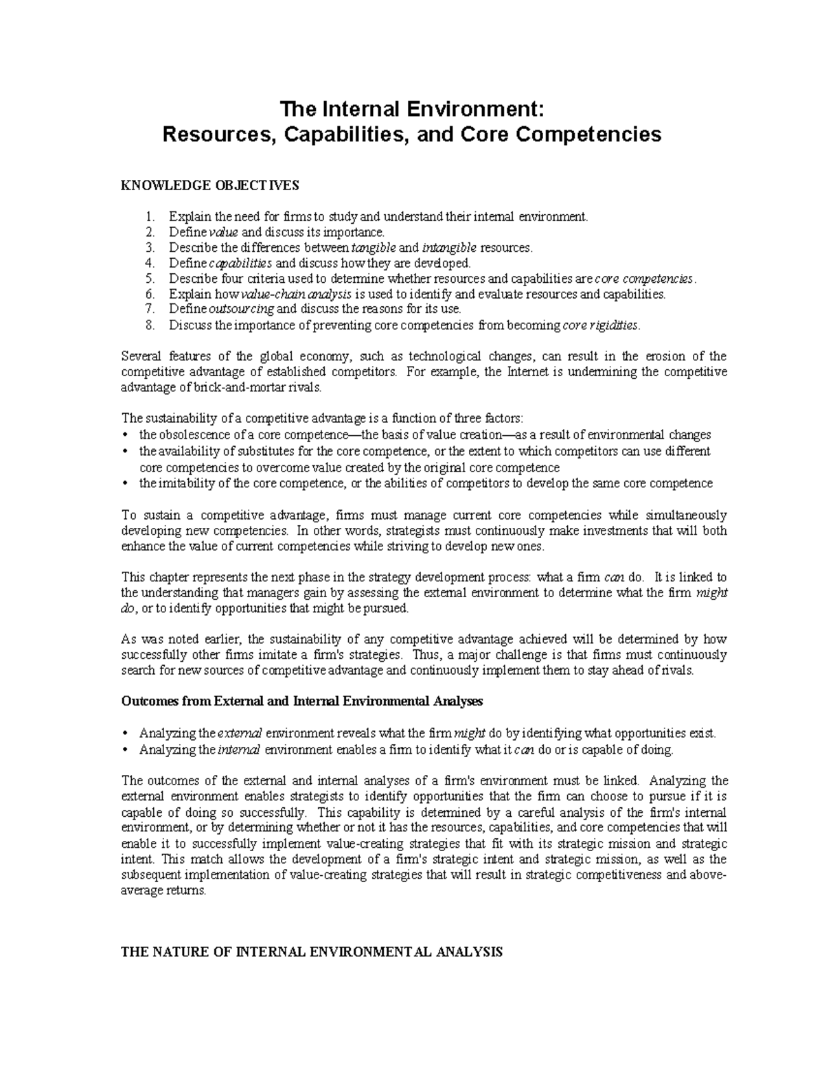 Chapter 3: Internal Environment Analysis for Competitive Advantage ...
