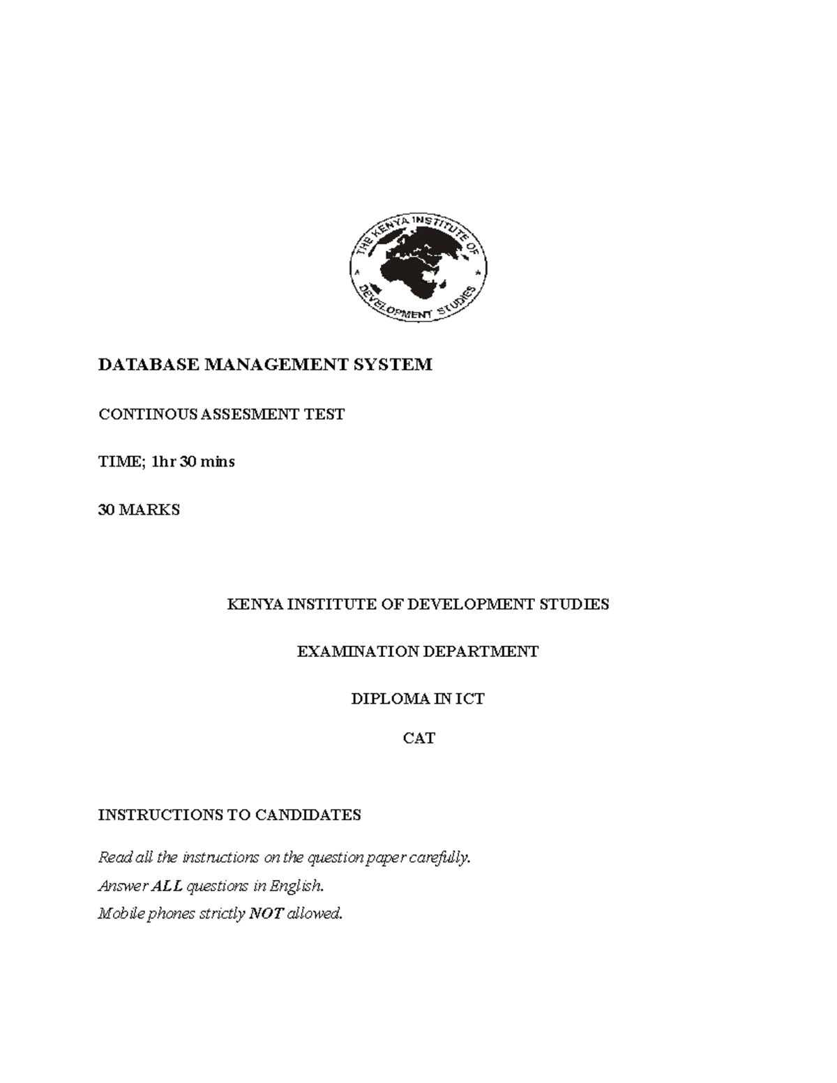 SAD CAT - Database Management System Continuous Assessment Test - Studocu