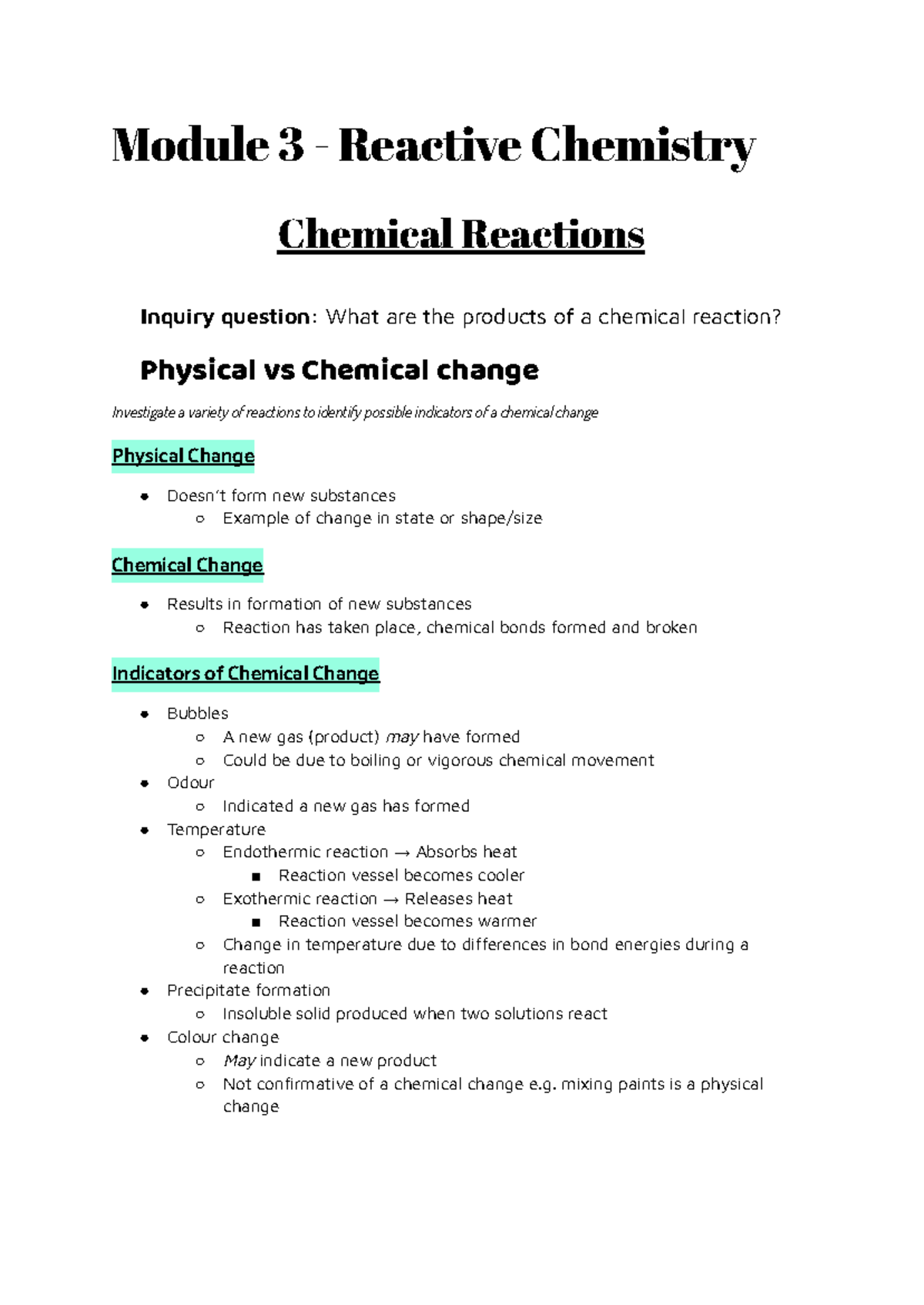 Chemistry Module 3 Summary Notes: Chemical Reactions & Changes - Studocu