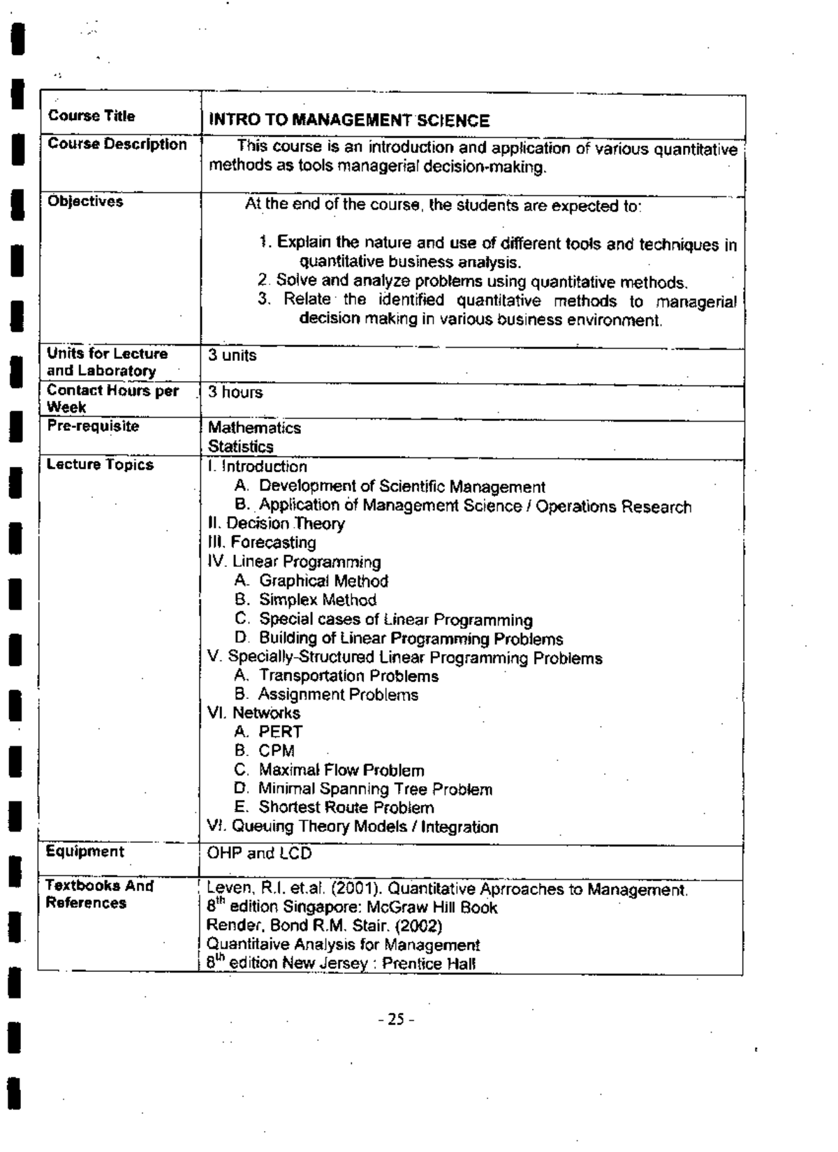 Management Science - Intro to Quantitative Methods Syllabus - Studocu