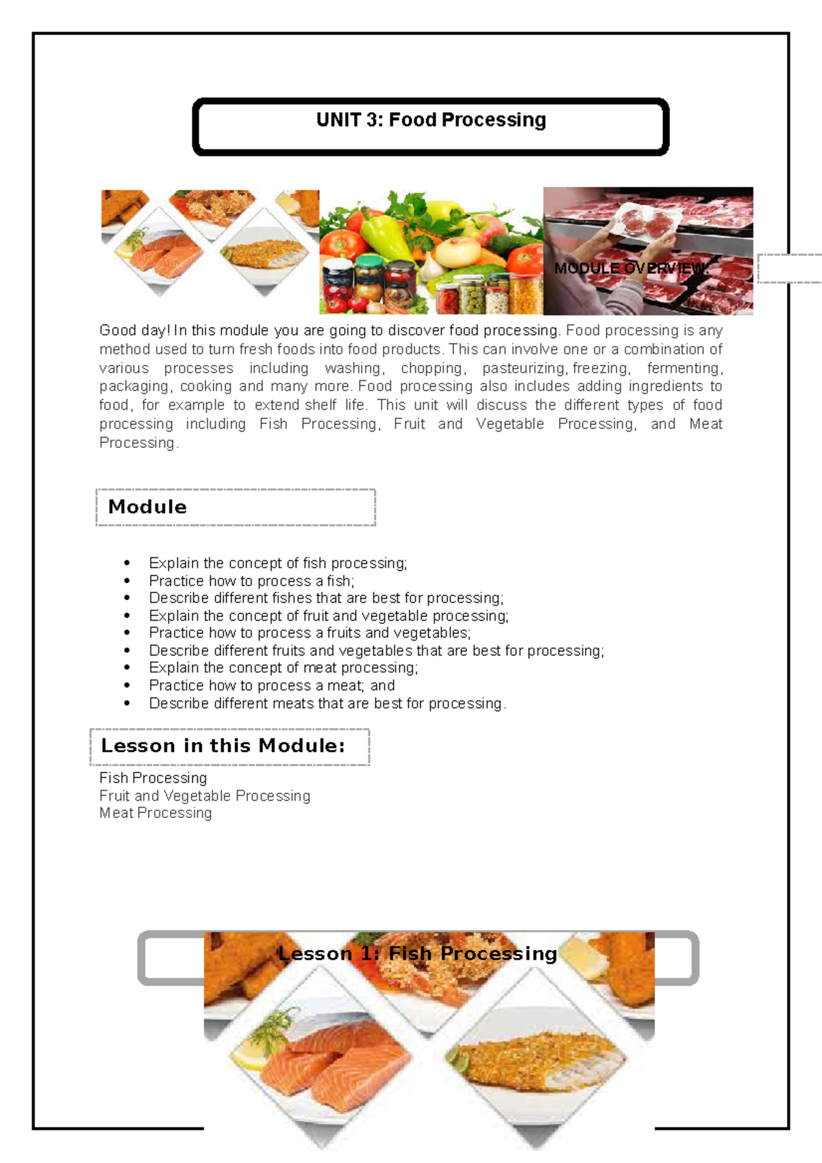 UNIT 3 Lesson 1: Understanding Fish Processing Techniques - Studocu