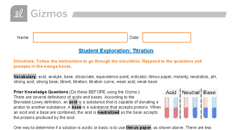 Student Exploration: Titration SE - Acids & Bases Gizmo Guide - Studocu