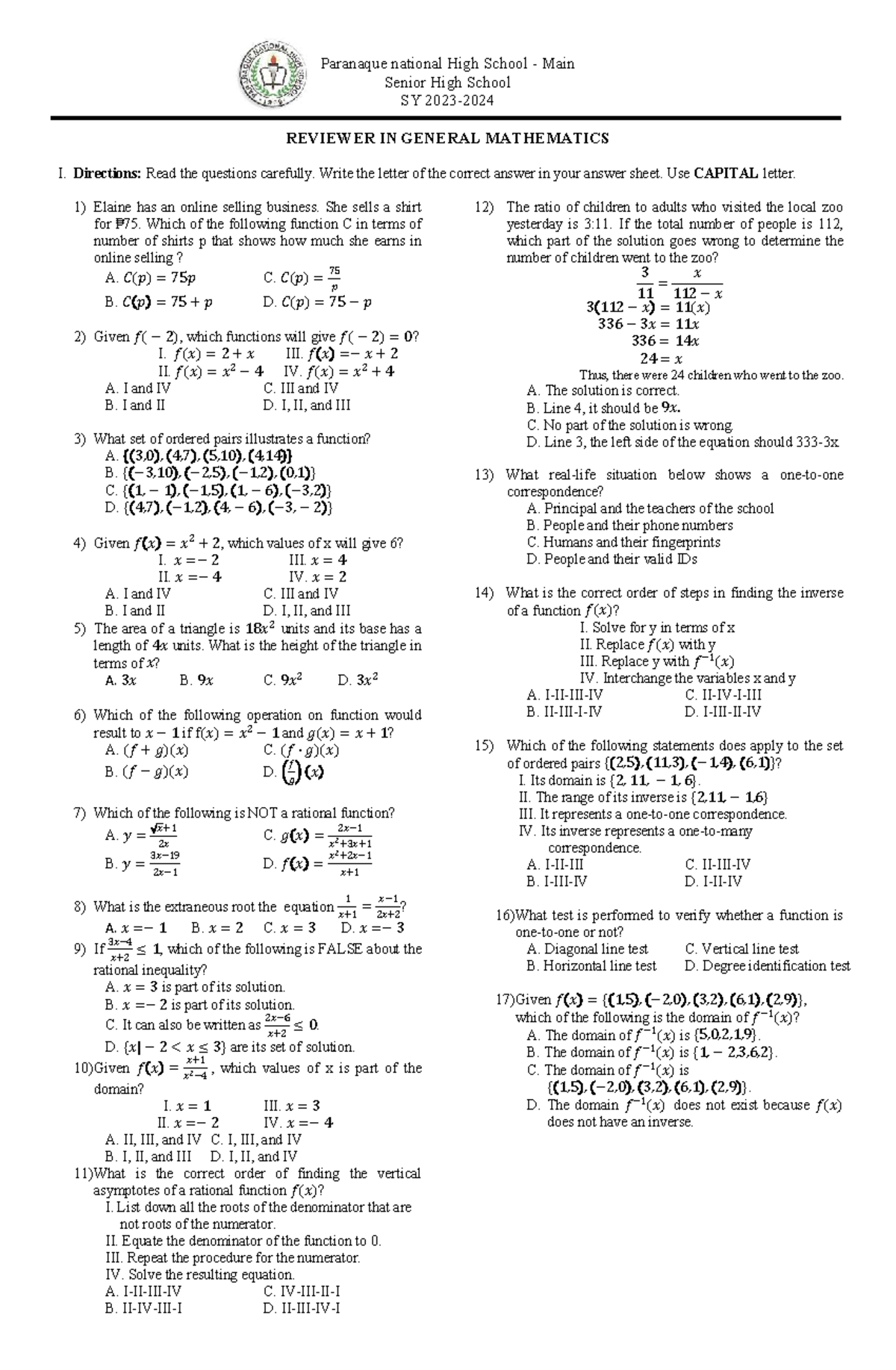 NAT Reviewer in General Mathematics I: Comprehensive Study Guide - Studocu